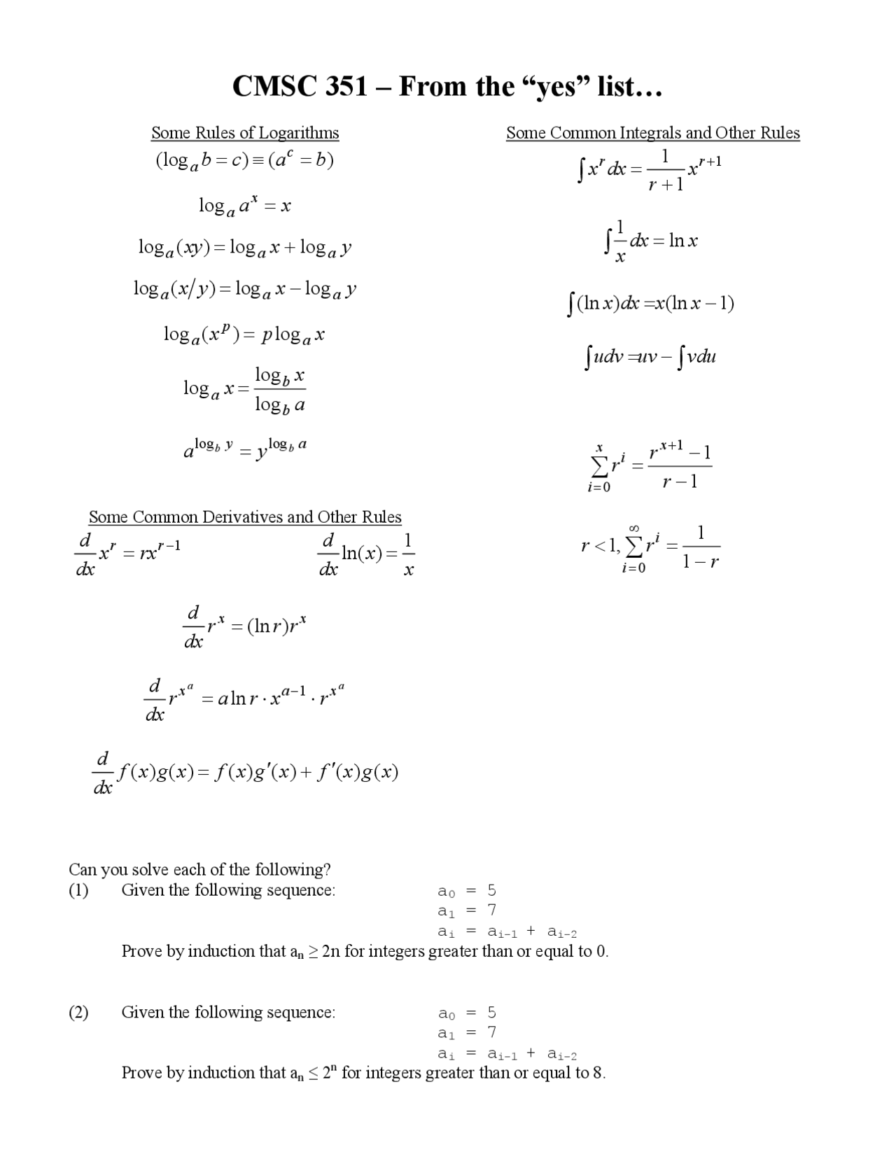 Some Logarithms, Integrals and Derivatives Rules | CMSC 351 - Docsity