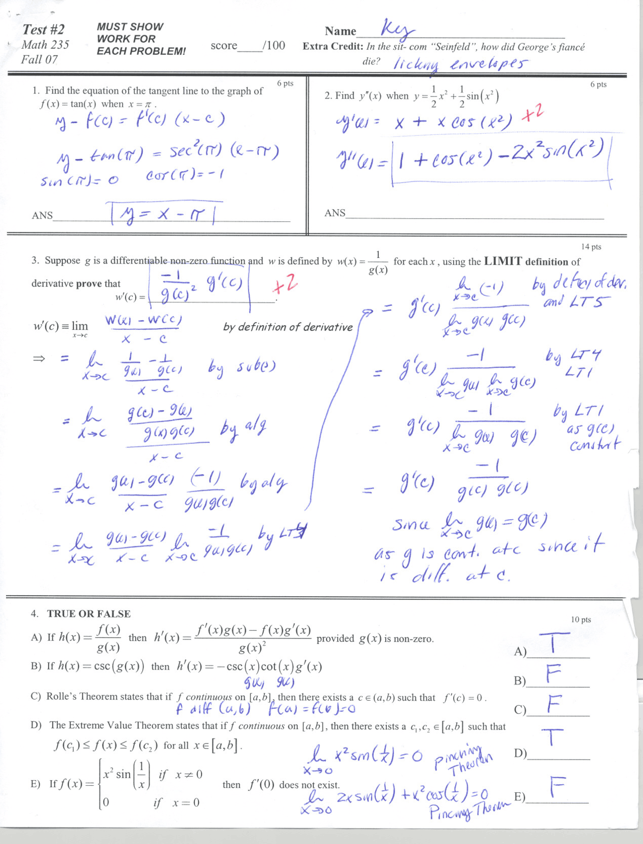 Calculus I Test 2 with Solved Problems and True/False Questions | MATH ...