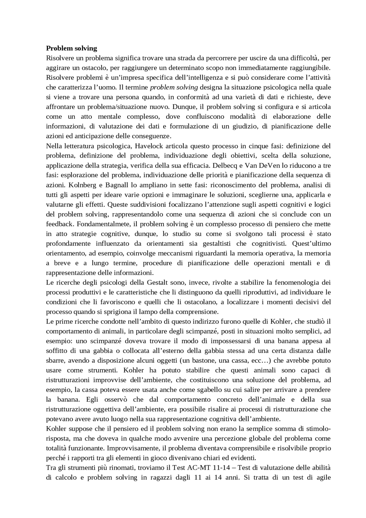 Tema PROBLEM SOLVING per 1° prova eds psicologo - Docsity