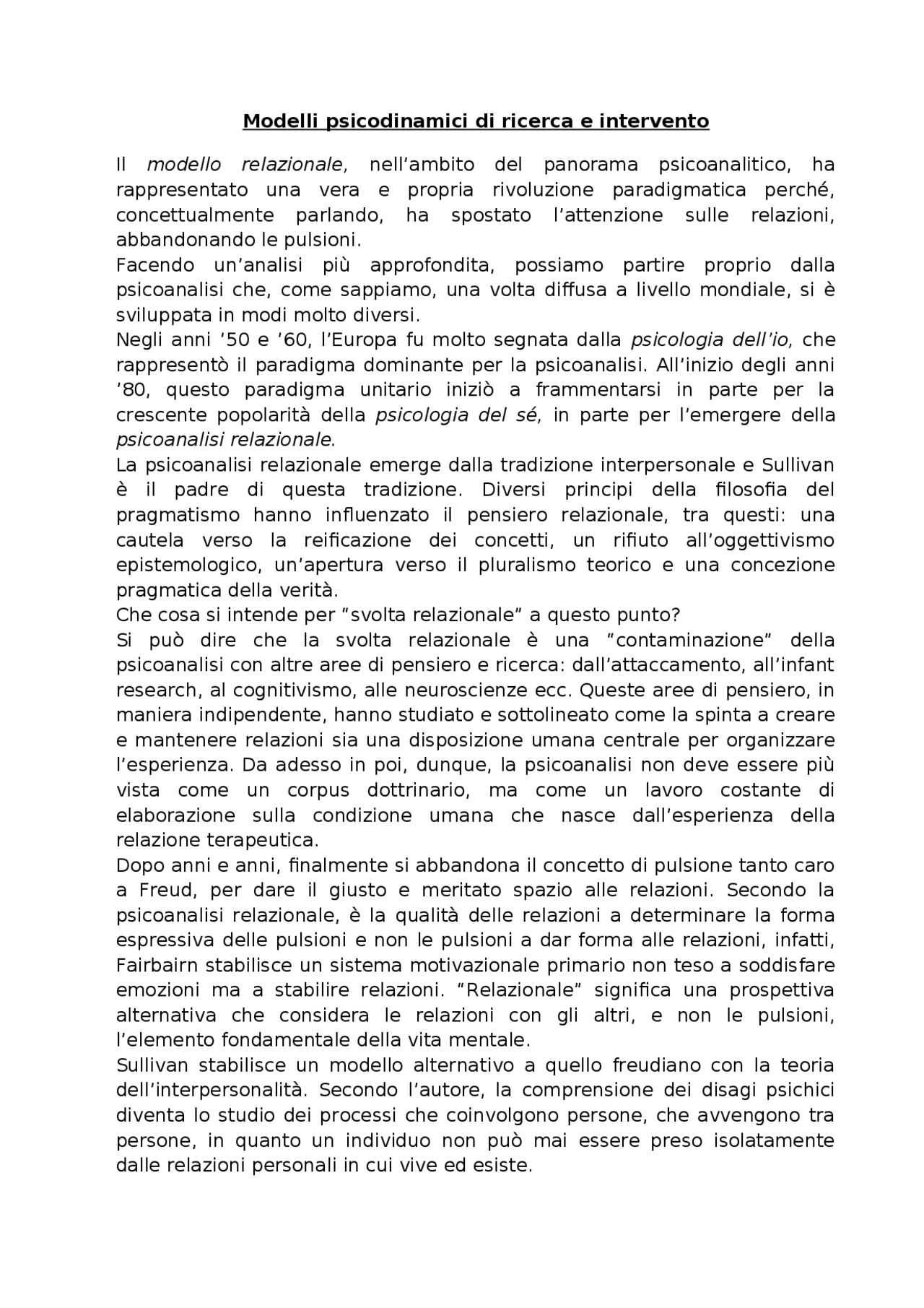 Modelli Psicodinamici Di Ricerca E Intervento Docsity
