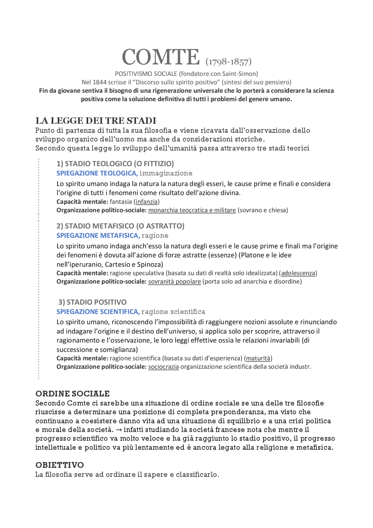 Comte Riassunto Filosofia Pensiero Docsity