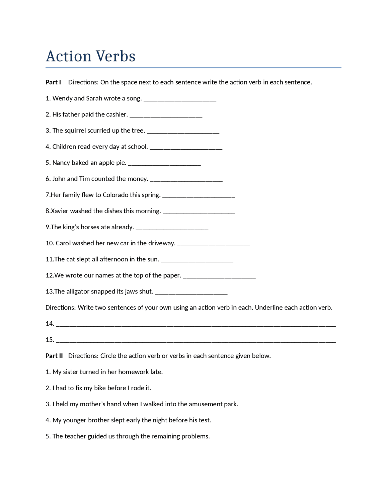 Action Verbs - Hoja de actividades - Docsity