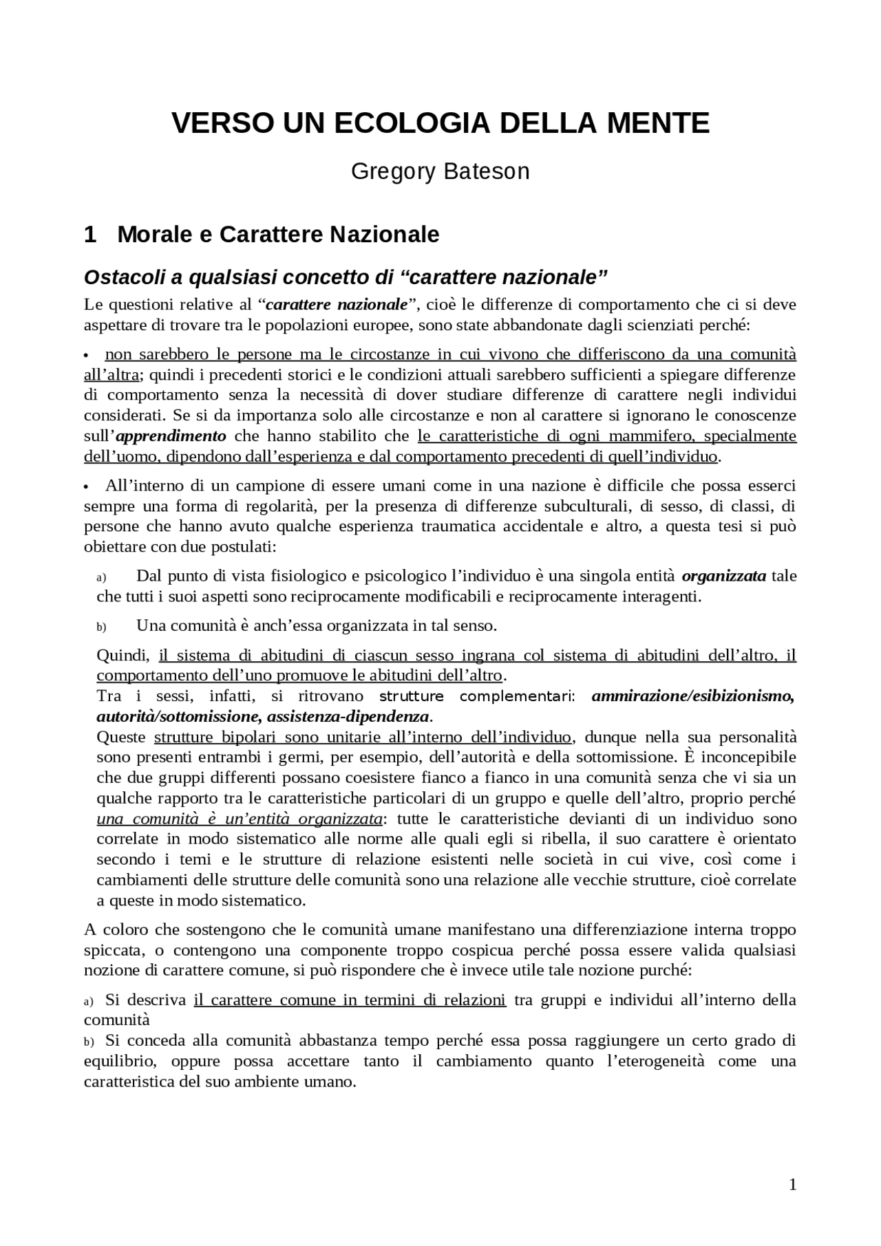 Verso Unecologia Della Mente Riassunto Docsity