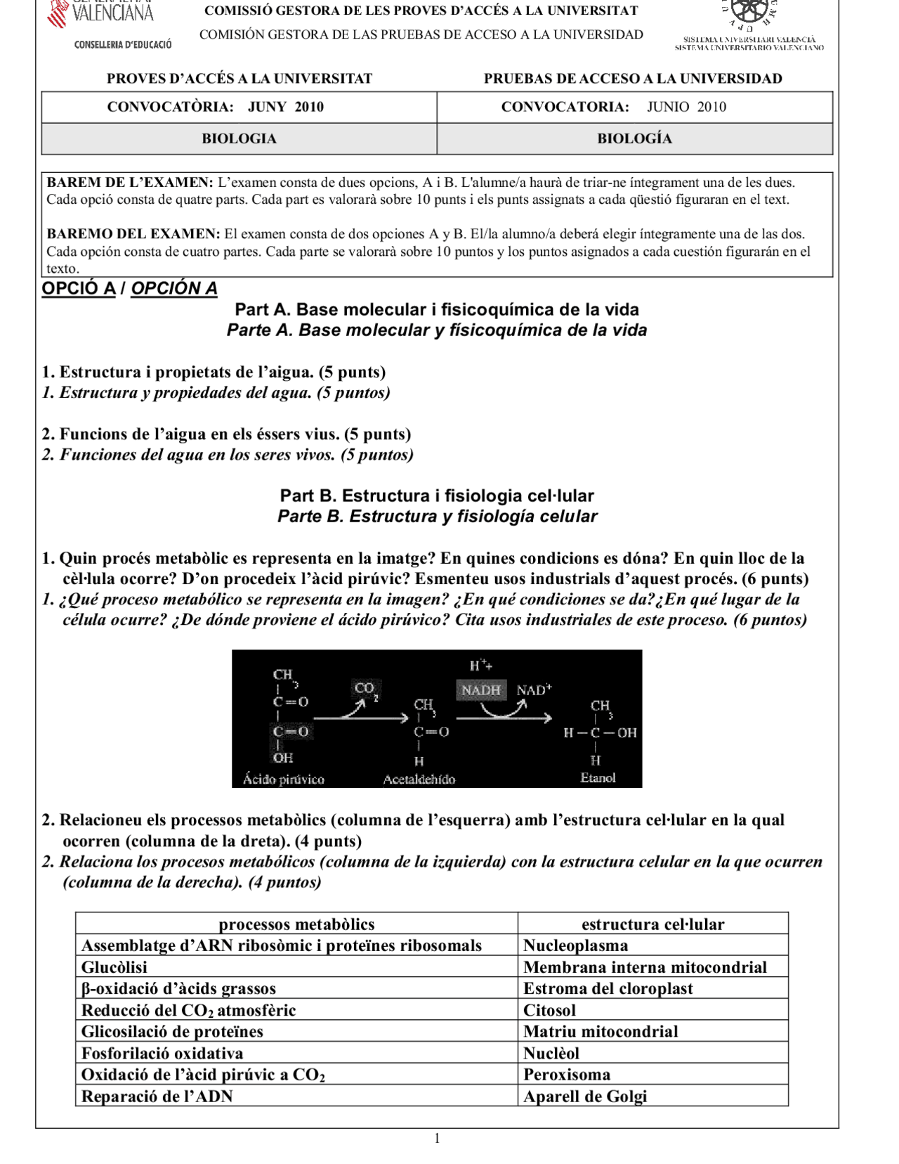 Selectividad 2010 Biologia Docsity