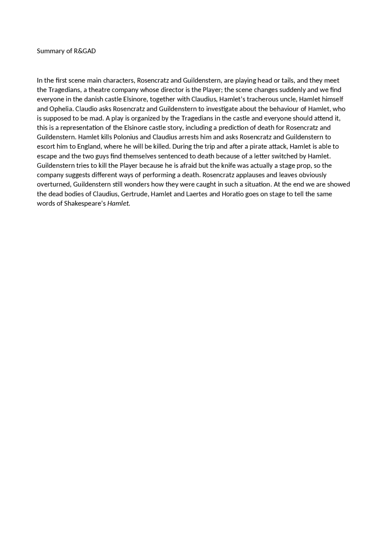 Rosencrantz and Guildenstern are dead - an English summary - Docsity