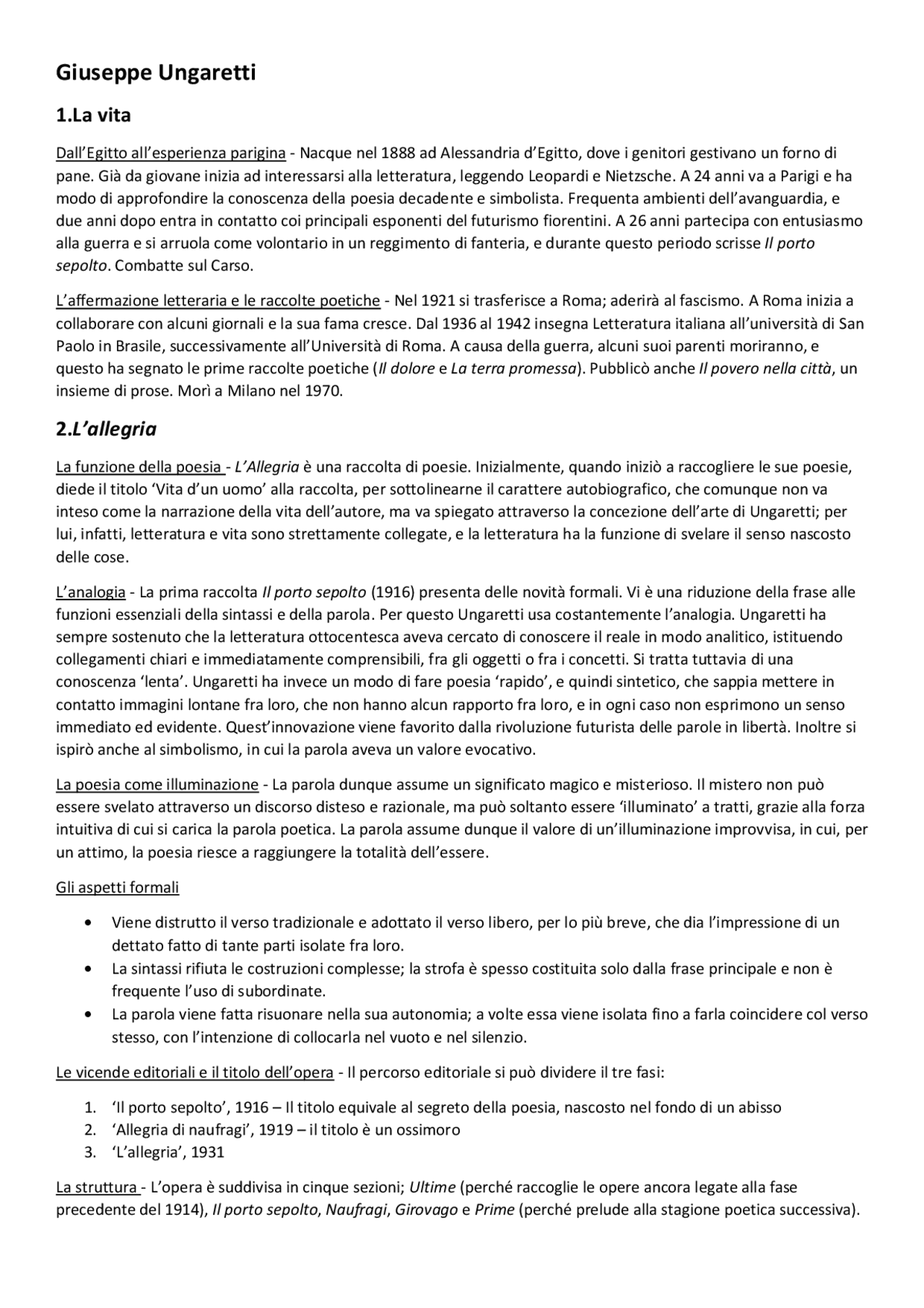 Ungaretti Riassunto Tratto Da Il Piacere Dei Testi Docsity