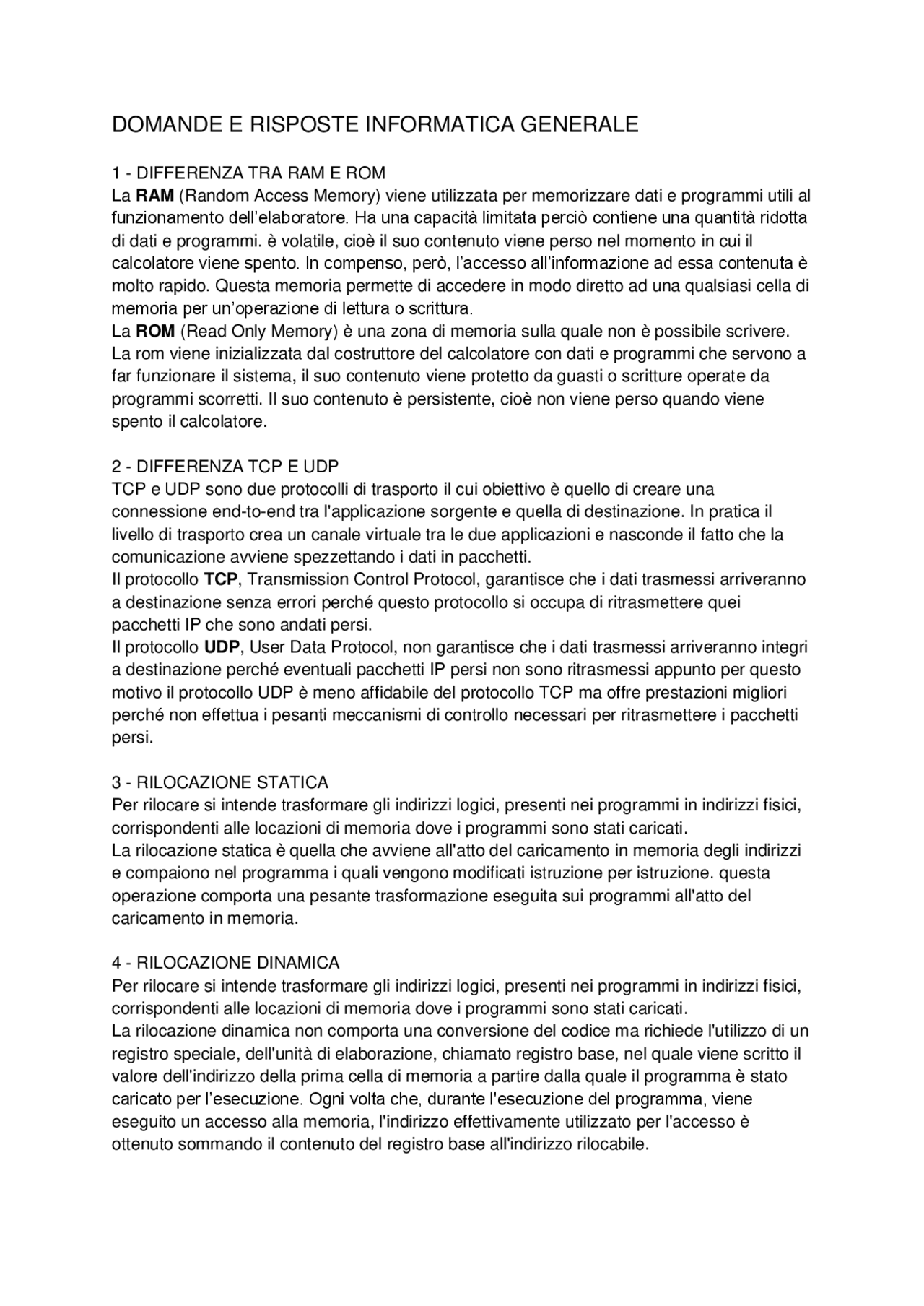 Domande E Risposte Informatica Generale 6 Cfu Docsity