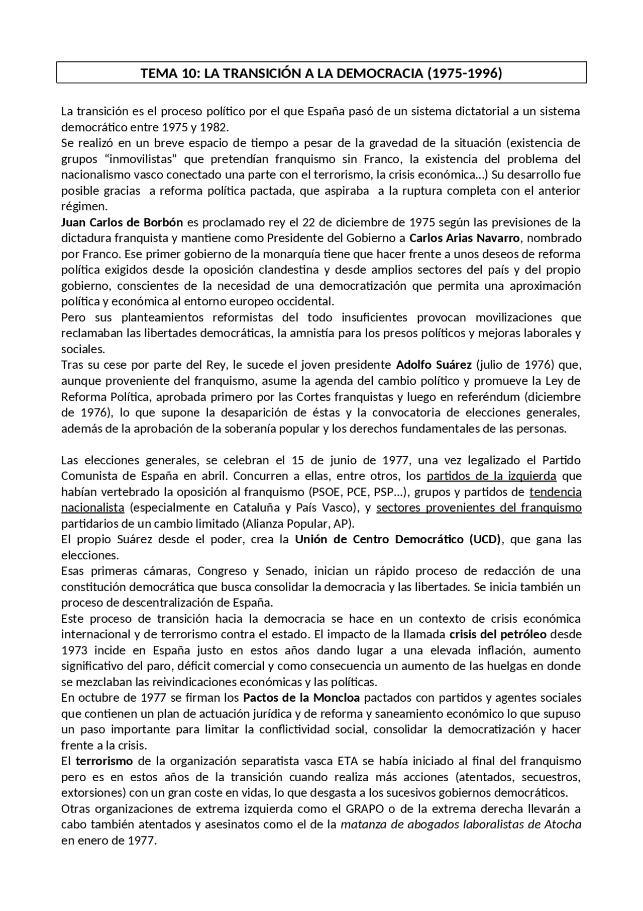 TEMA 10 LA TRANSICIÓN A LA DEMOCRACIA - Docsity