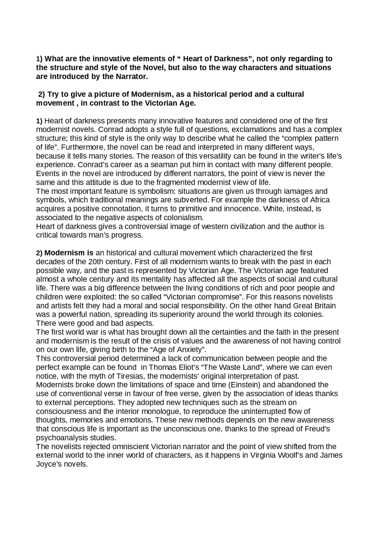Compito Liceo Joseph Conrad E Modernismo Docsity