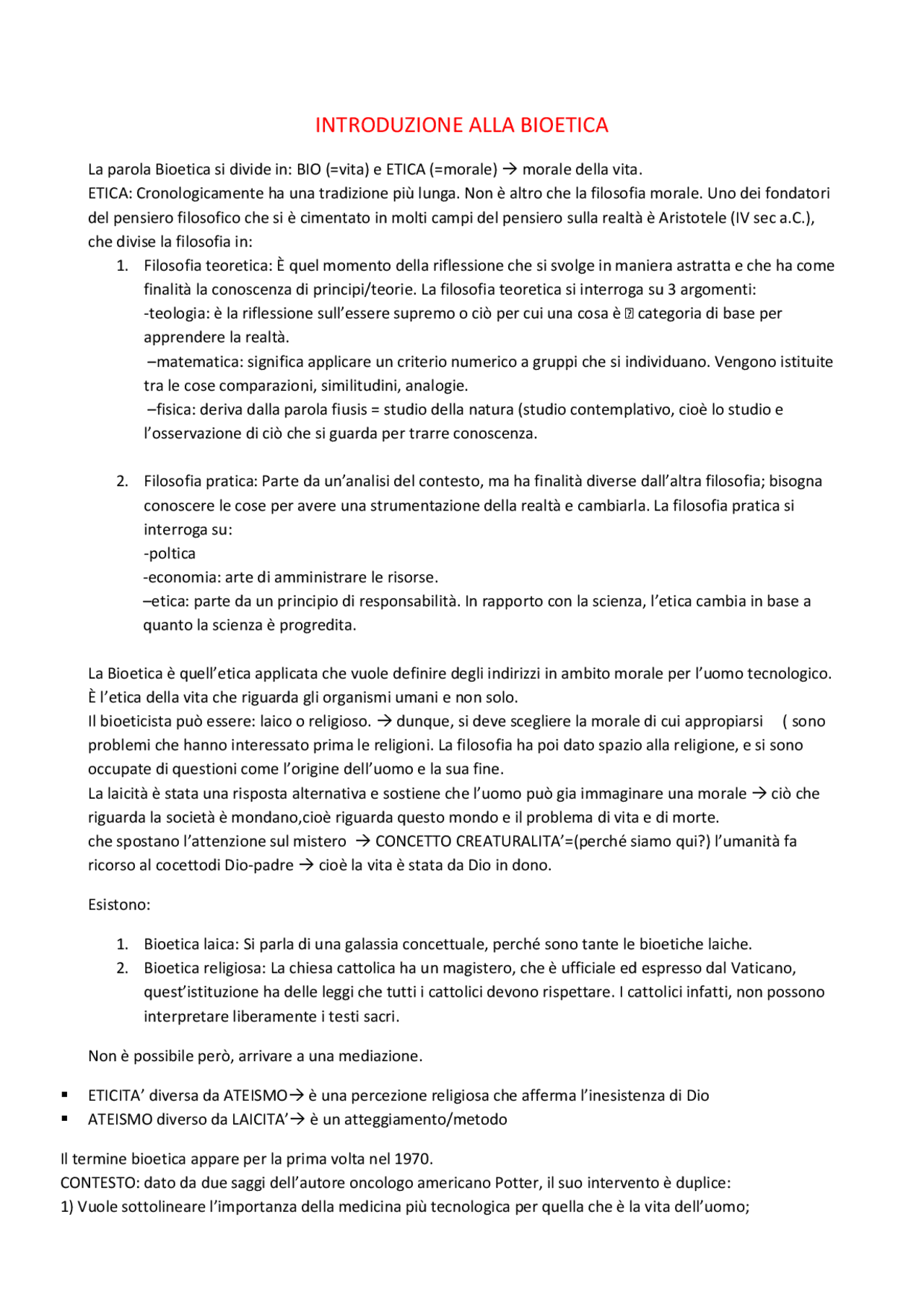 Riassunto Delle Lezioni E Manuali Di Biotica Docsity