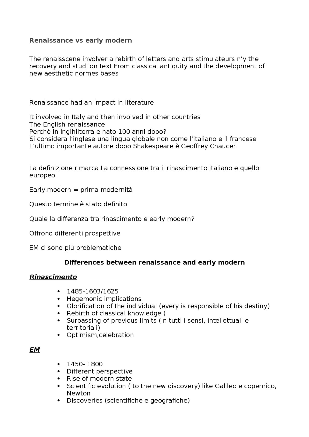 Reinassance Vs Early Modern Docsity
