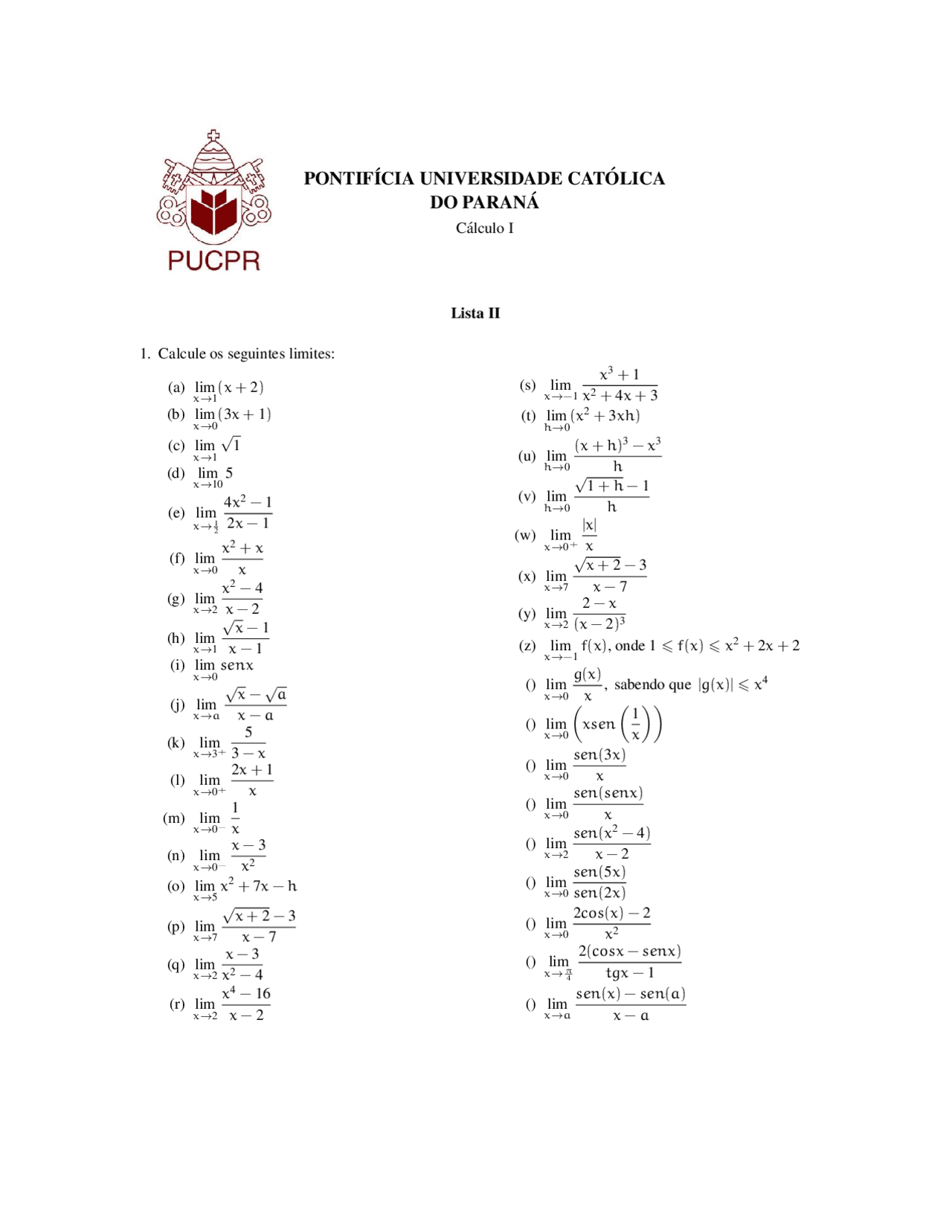 Lista De Cálculo Docsity