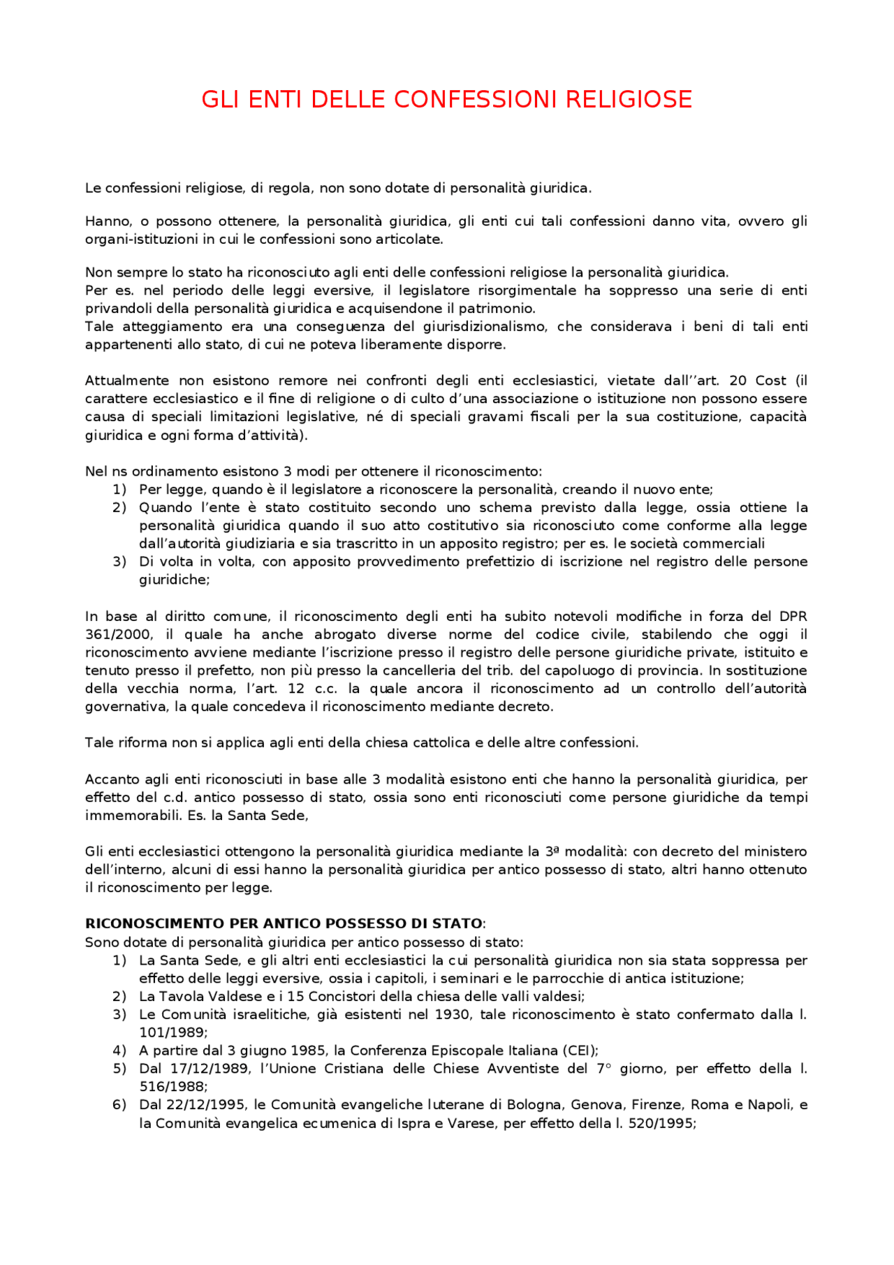 Gli enti delle confessioni religiose - Docsity