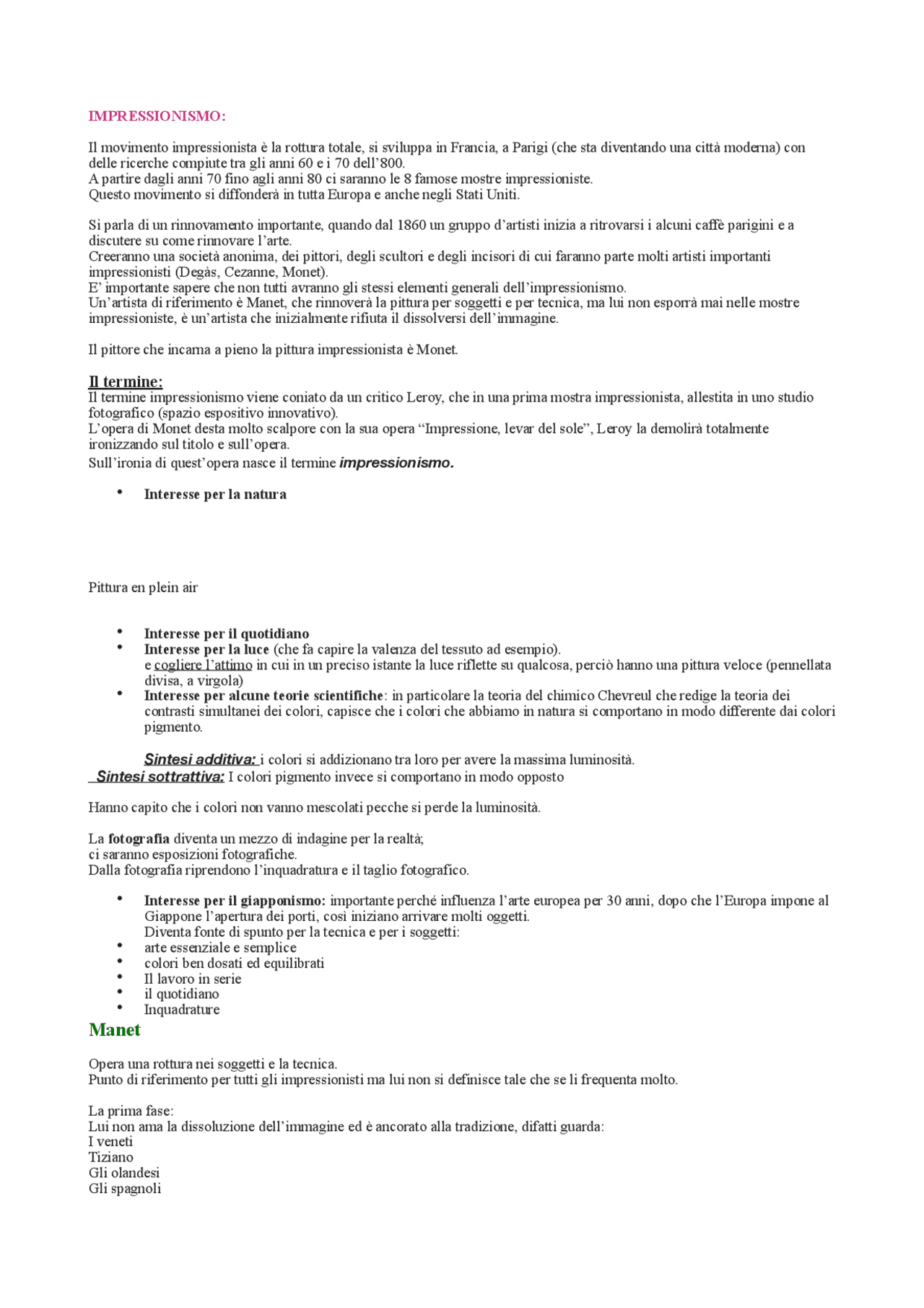Impressionismo E Postimpressionismo Docsity