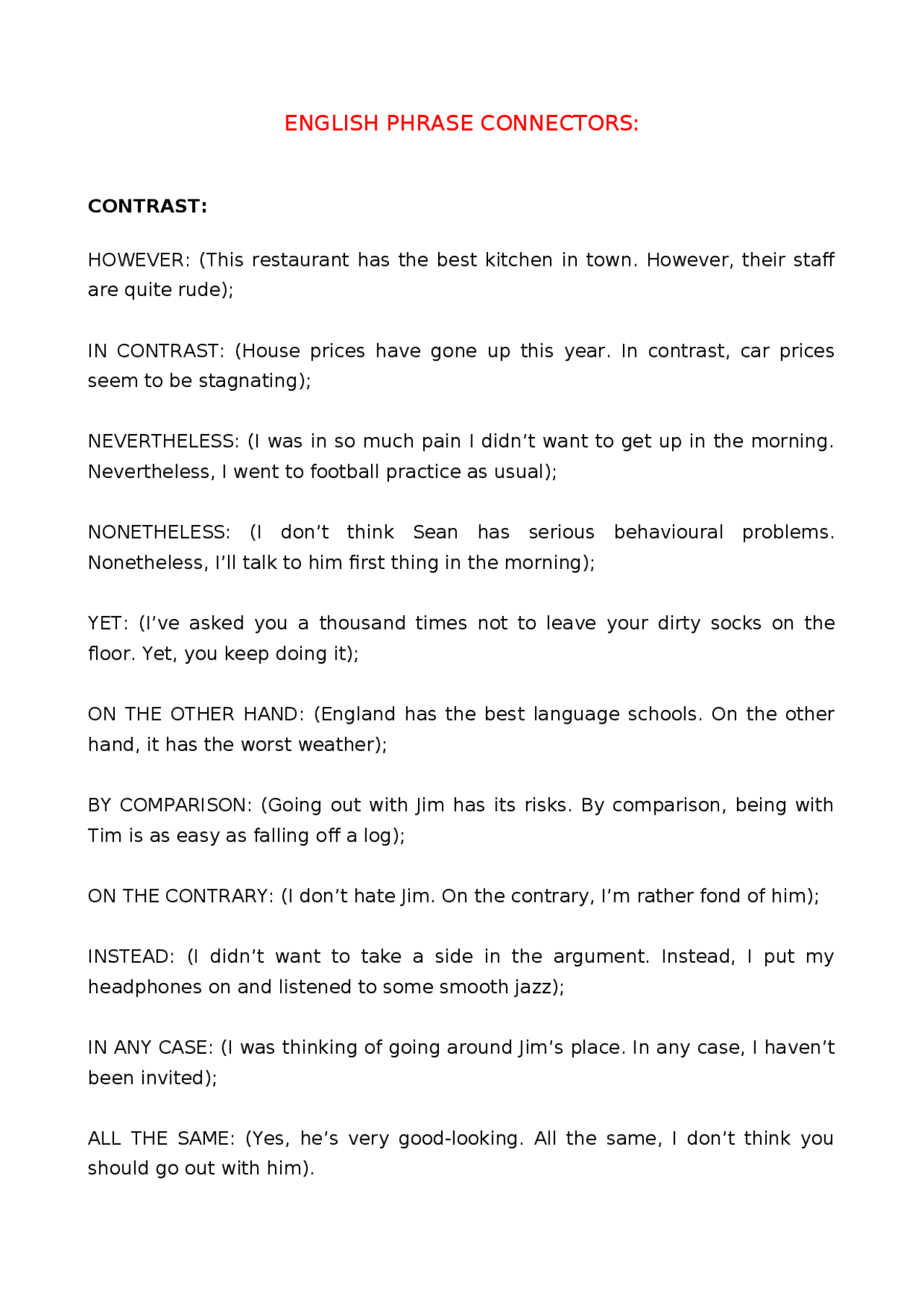 English phrase connectors - Docsity
