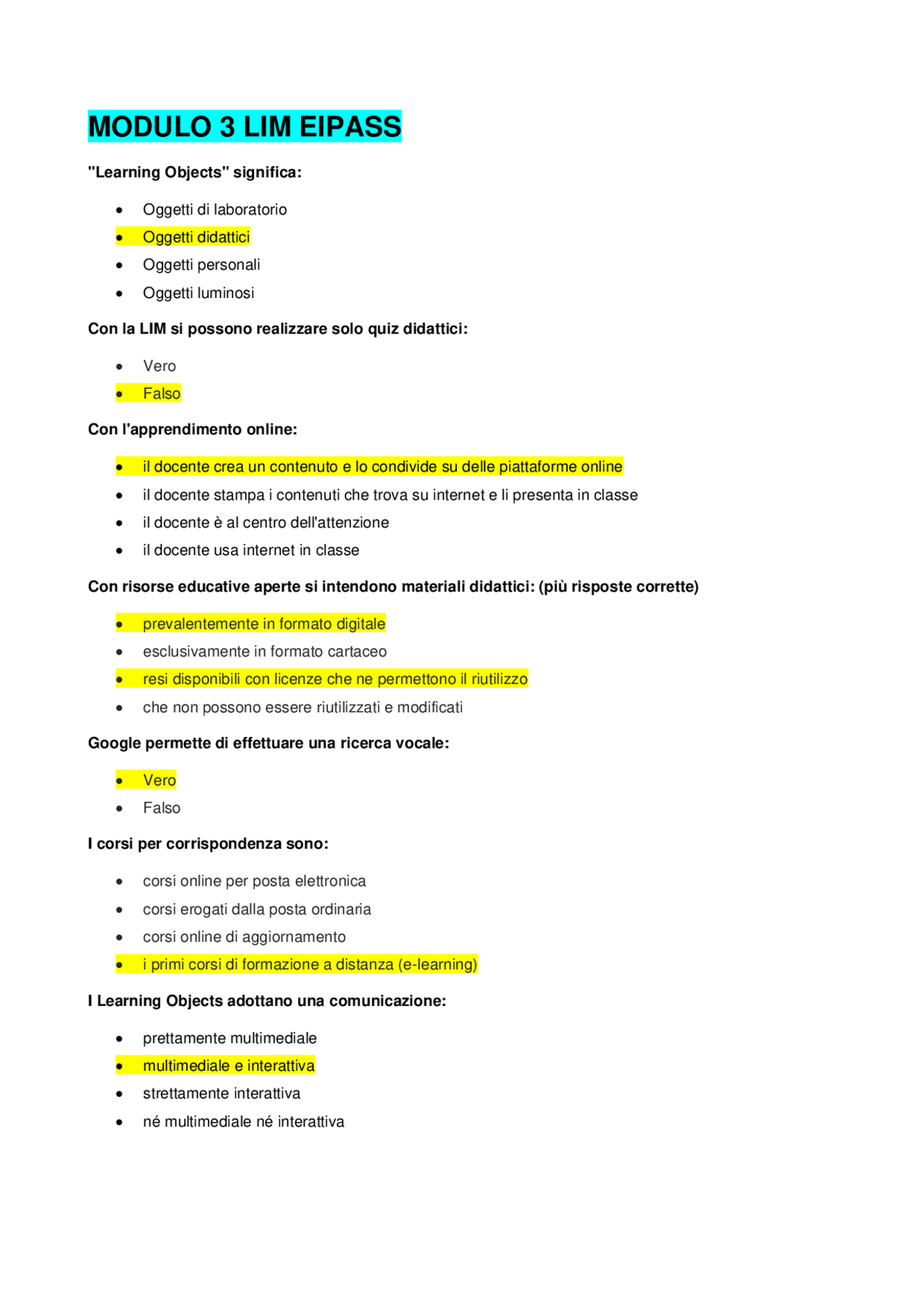 Modulo 3 EIPASS LIM | Prove d'esame di Patente Europea del Computer (ECDL) | Docsity