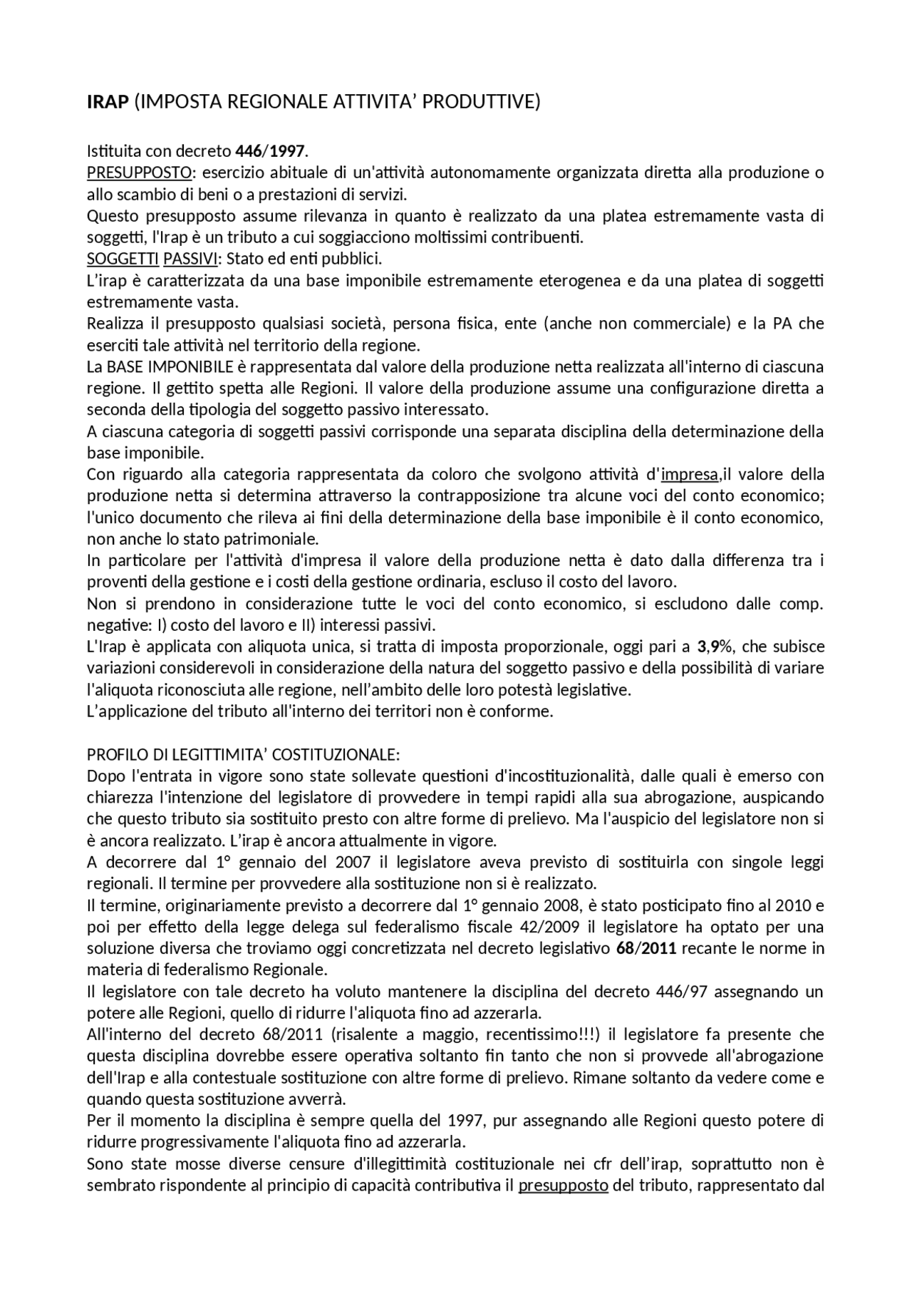 Riassunto Irap Parte Prima Docsity