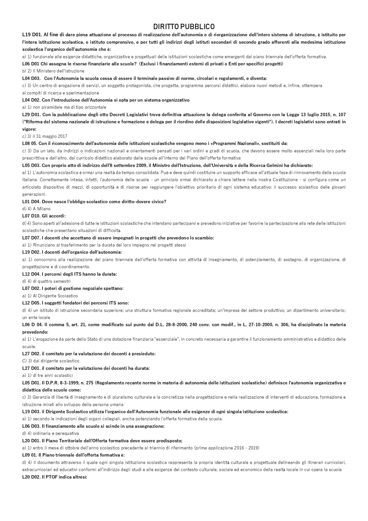 Paniere Diritto Pubblico Master A46 - UNIVERSITA' TELEMATICA - Docsity