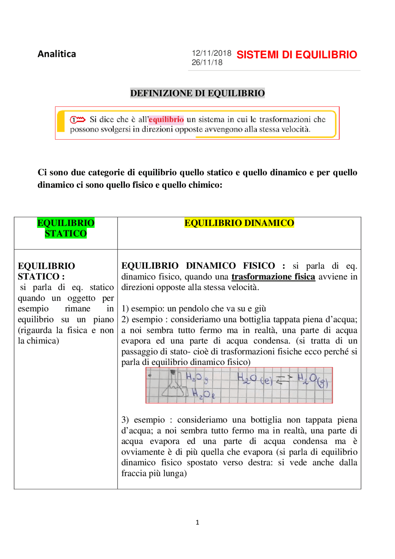 CHIMICA ANALITICA: EQUILIBRIO STATICO - EQUILIBRIO DINAMICO - Docsity