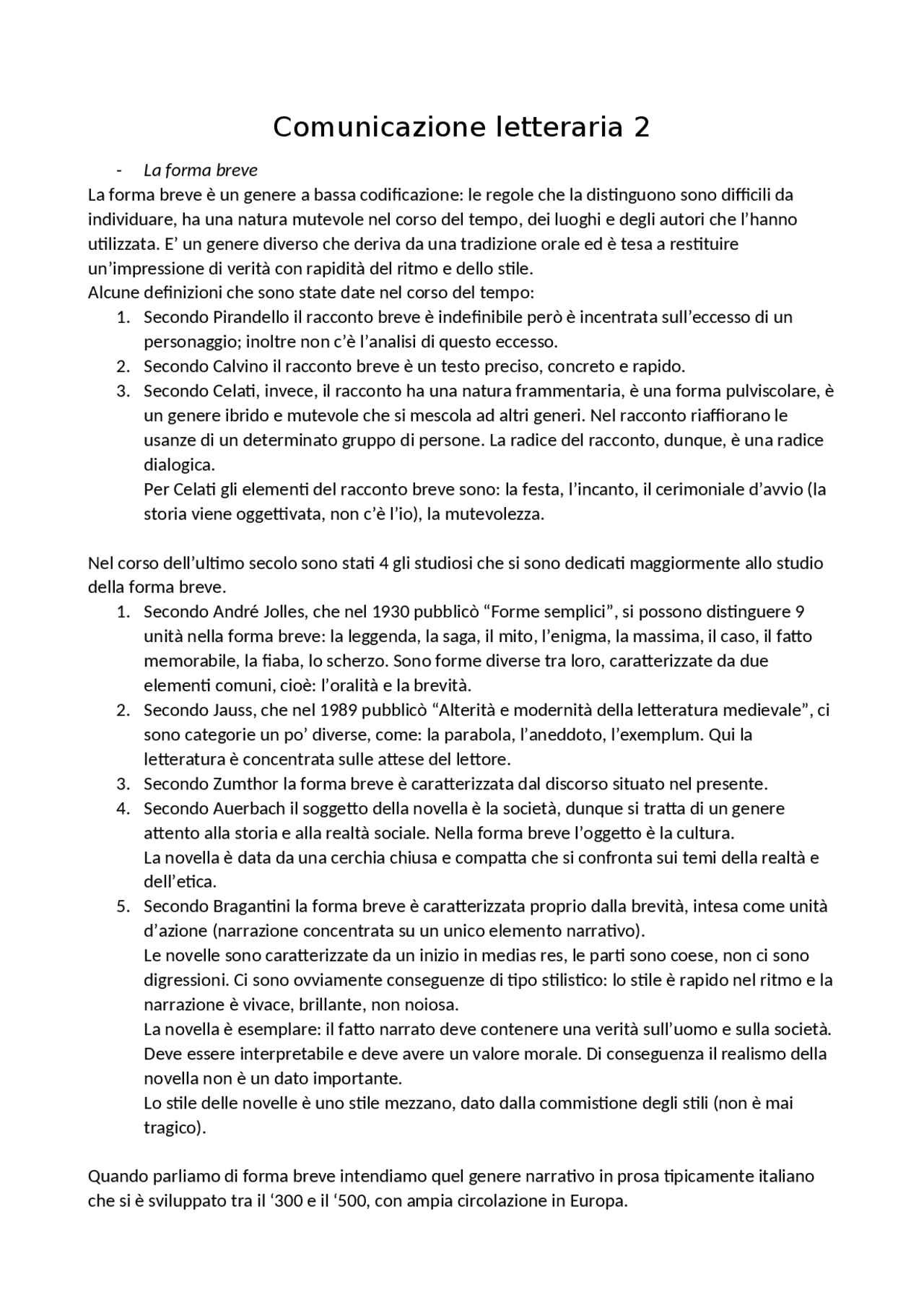 Comunicazione Letteraria Le Forme Brevi Prof Fenoglio Docsity