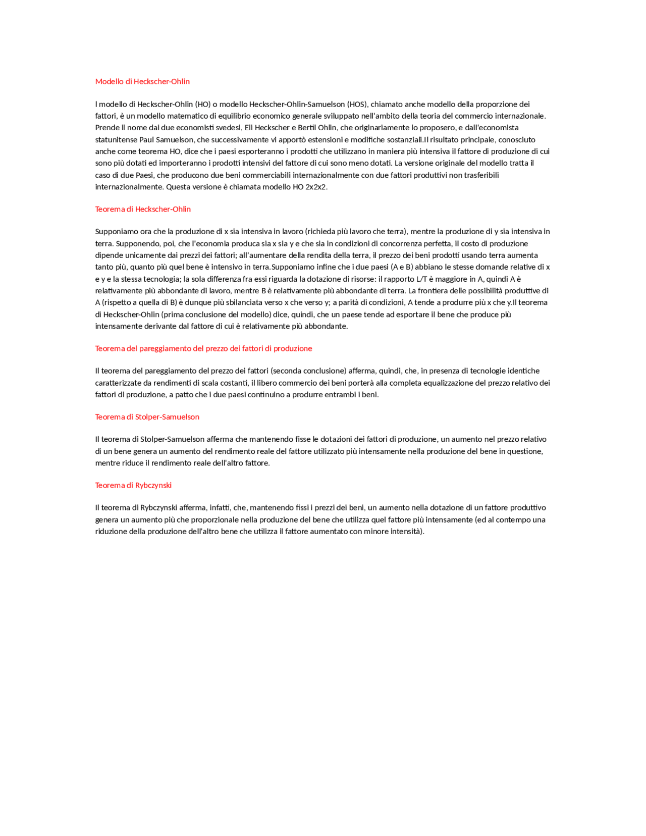 Economia Internazionale teorema H-O - Docsity