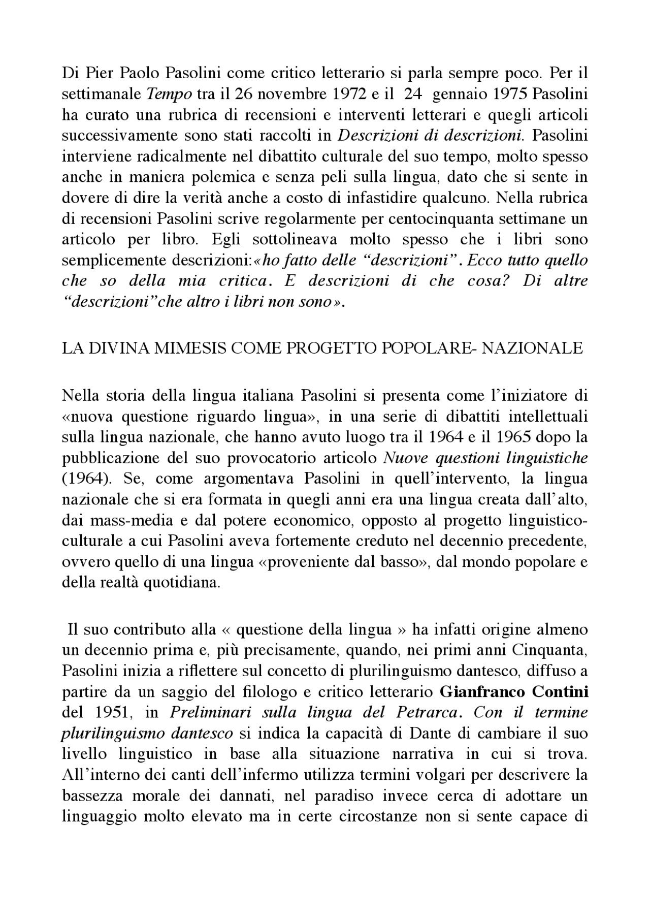 APPUNTI ITALIANO: PASOLINI COME CRITICO LETTERARIO - Docsity