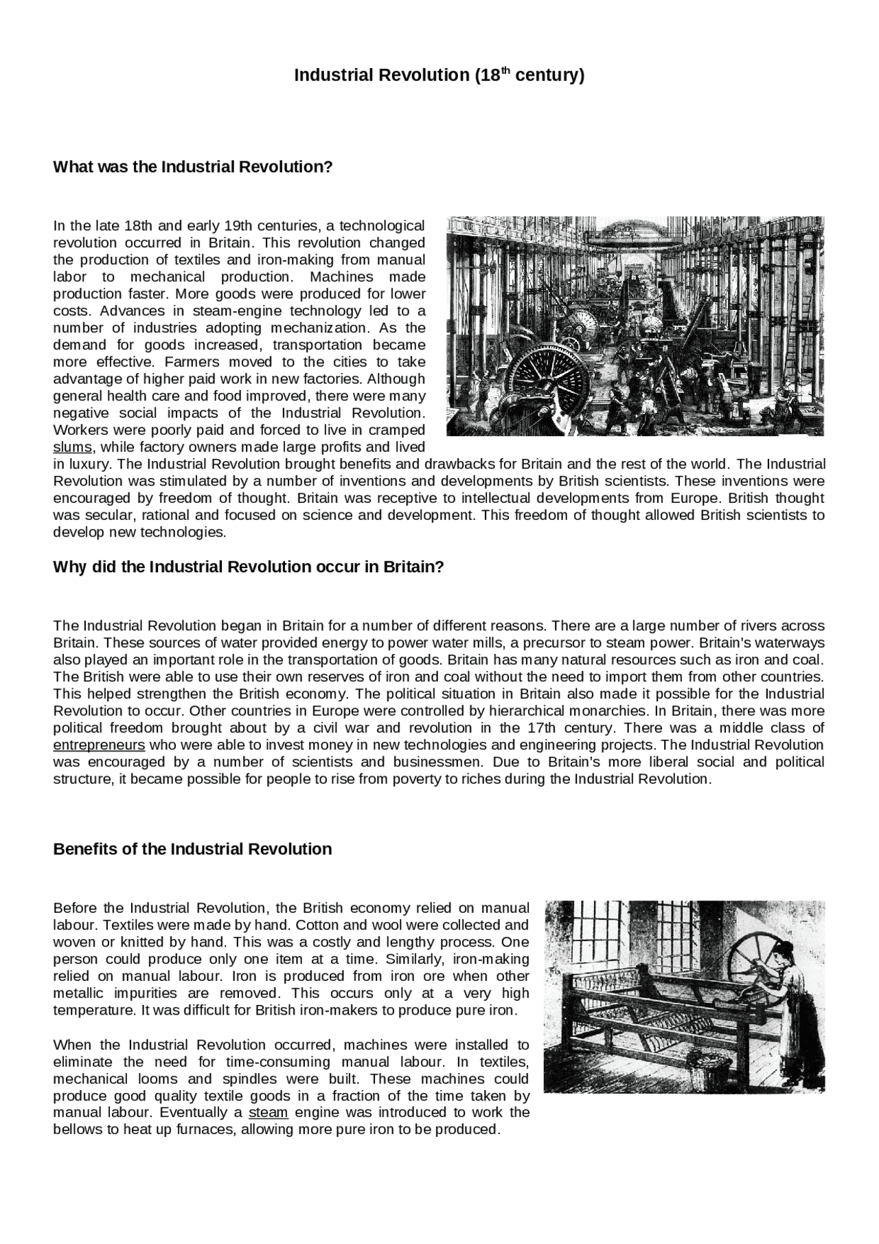 Industrial Revolution in Britain -Reading Comprehension - Docsity