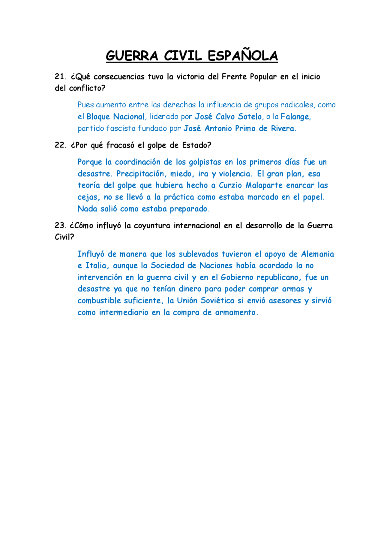 GEOGRAFÍA; LA GUERRA CIVIL ESPAÑOLA EJERCICIOS - Docsity