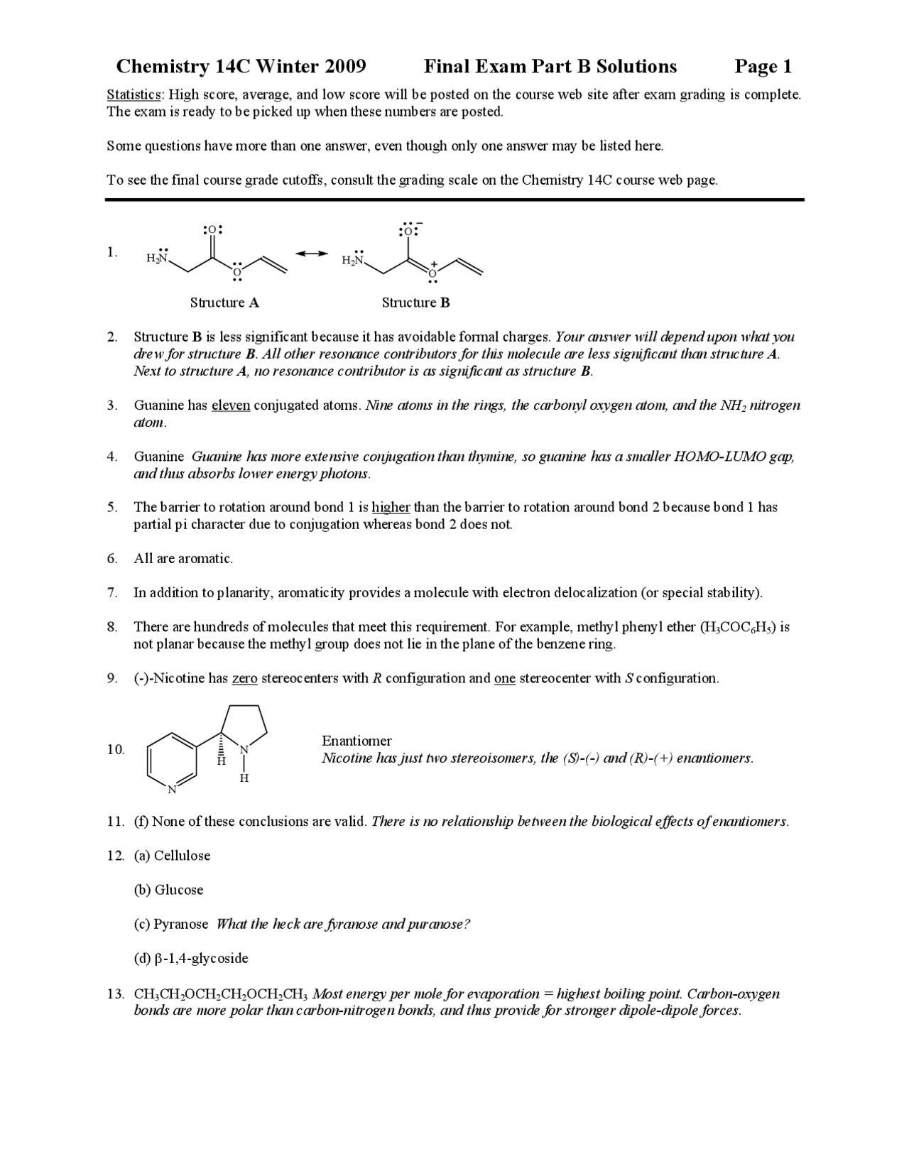Organic Chemistry Exam Final Part B with Solutions | Winter 2009 | CHEM ...
