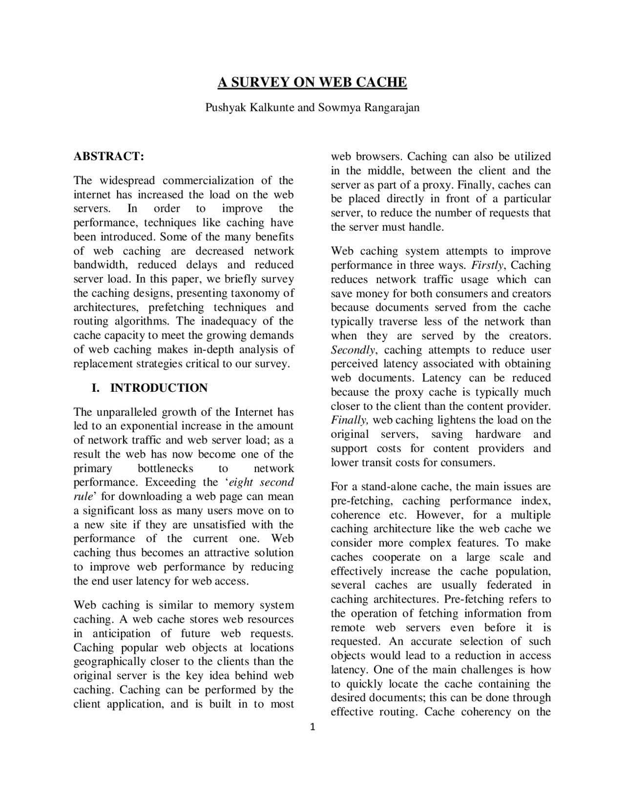 A survey on web cache (High-Performance Processors and Systems) | ECE 569 - Docsity