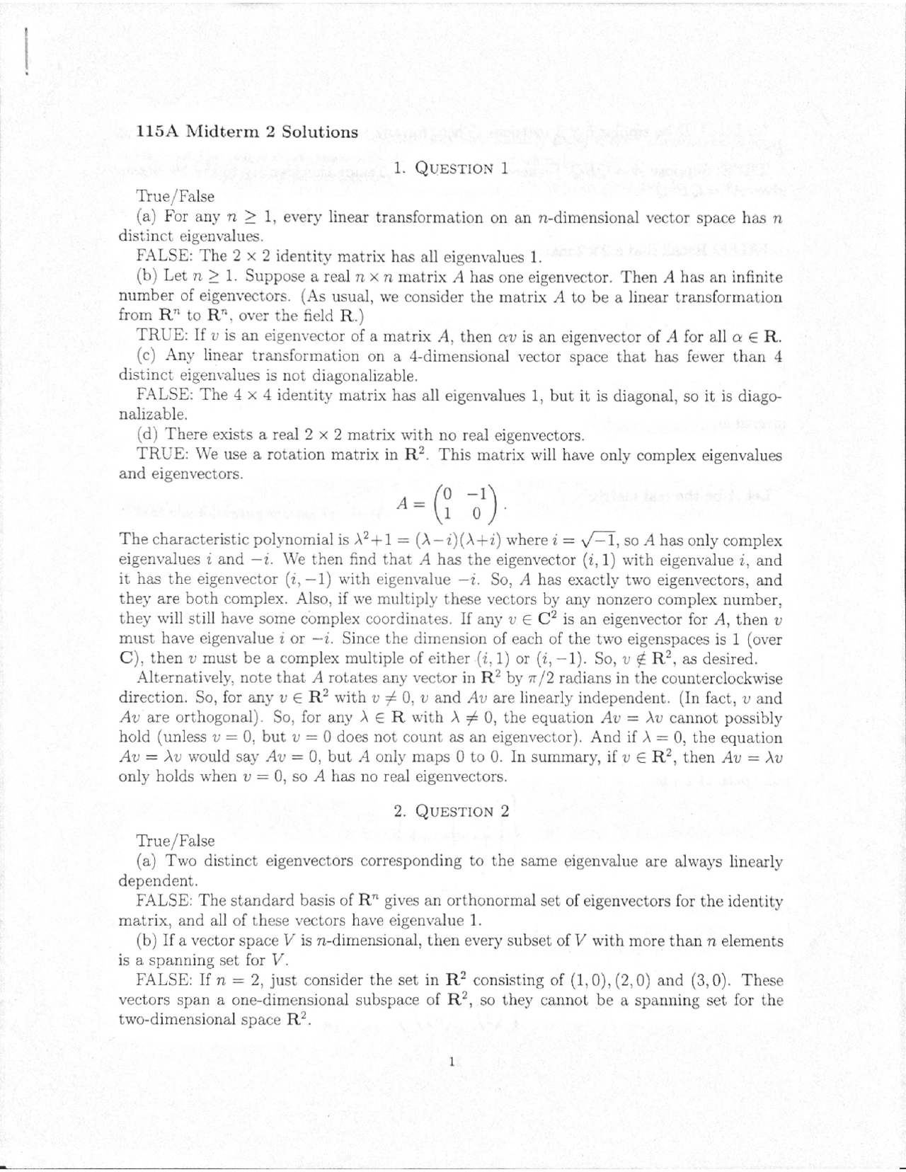 Linear Algebra Midterm Exam 2 With Solutions 5 Questions Math 115a