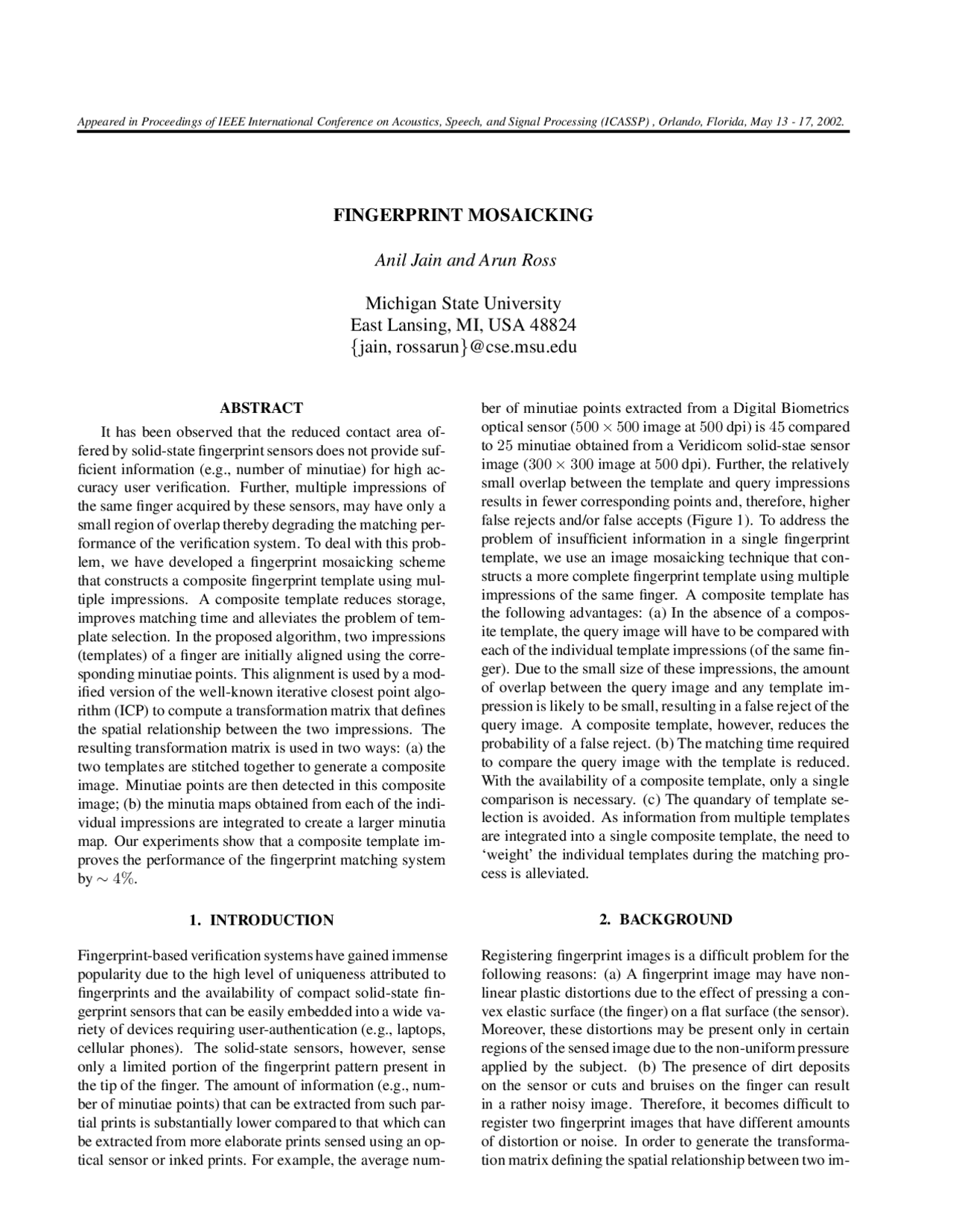 SPTP:Advanced Biometrics - Fingerprint mosaicking (article) | BIOM 693 - Docsity