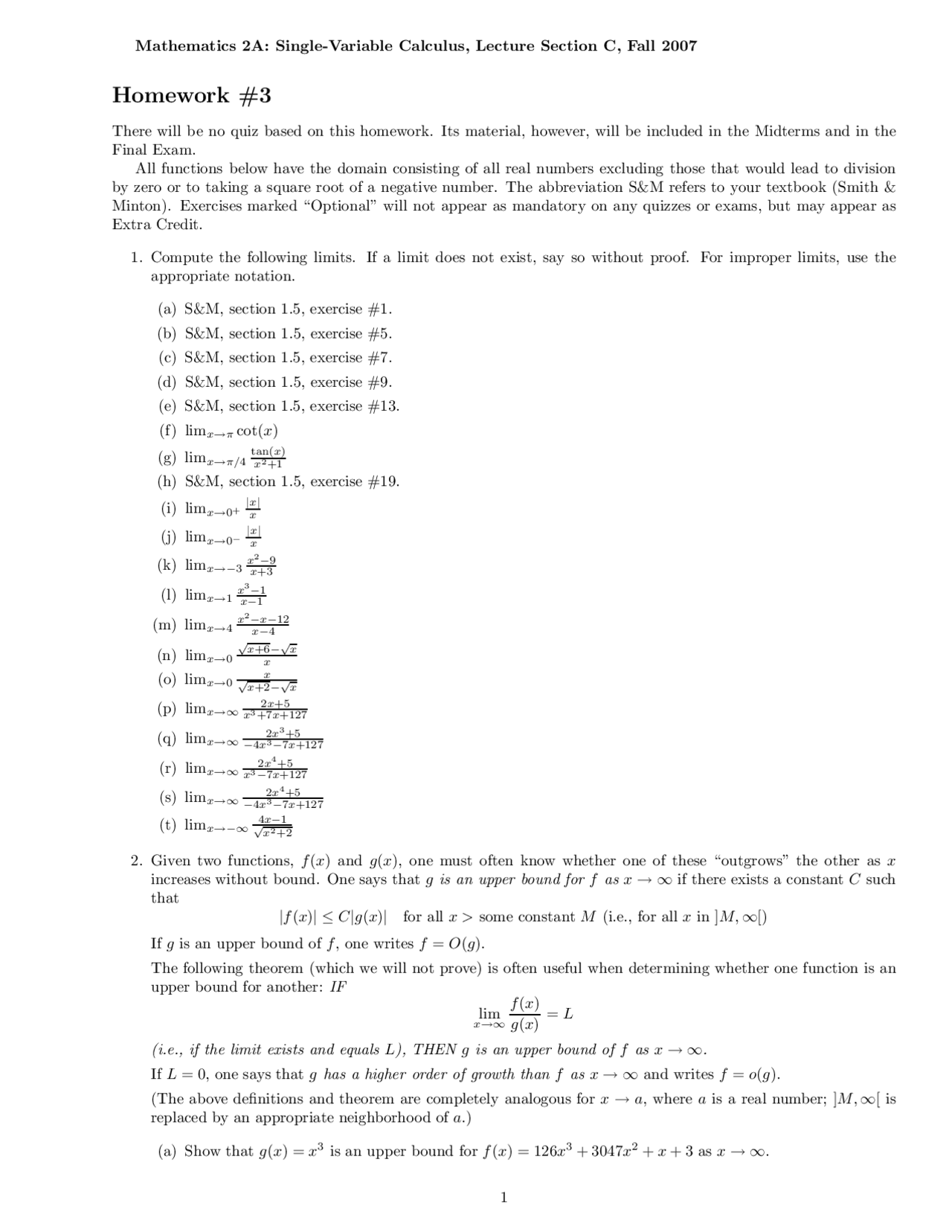 Mathematics 2a Single Variable Calculus Homework 3 Docsity