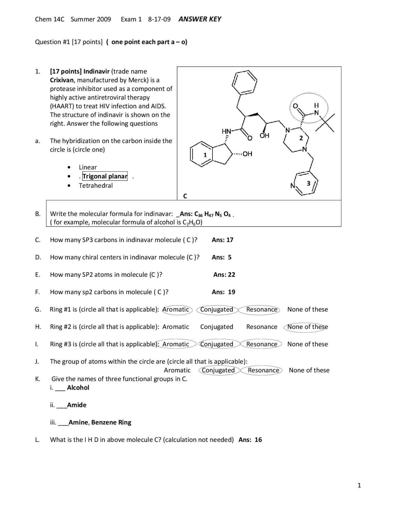 Organic Chemistry Exam 1: 6 Questions with Answer Key | CHEM 14C - Docsity