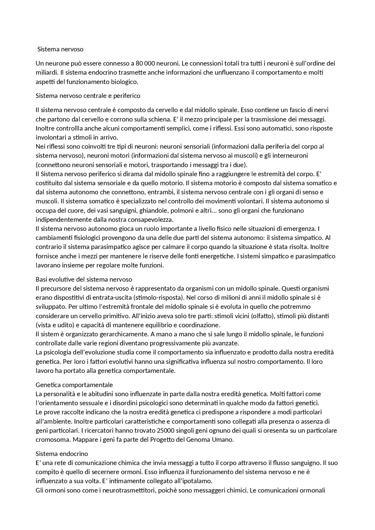 Riassunto Sistema Nervoso Libro Prof Amoretti Docsity