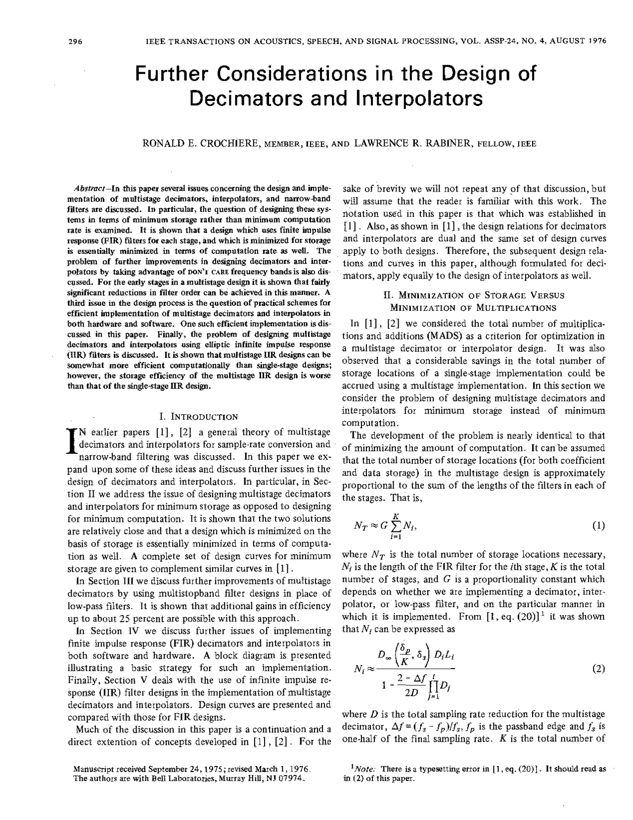 Digital speech processing: Further Considerations in the Design of Decimators and Interpolators ...