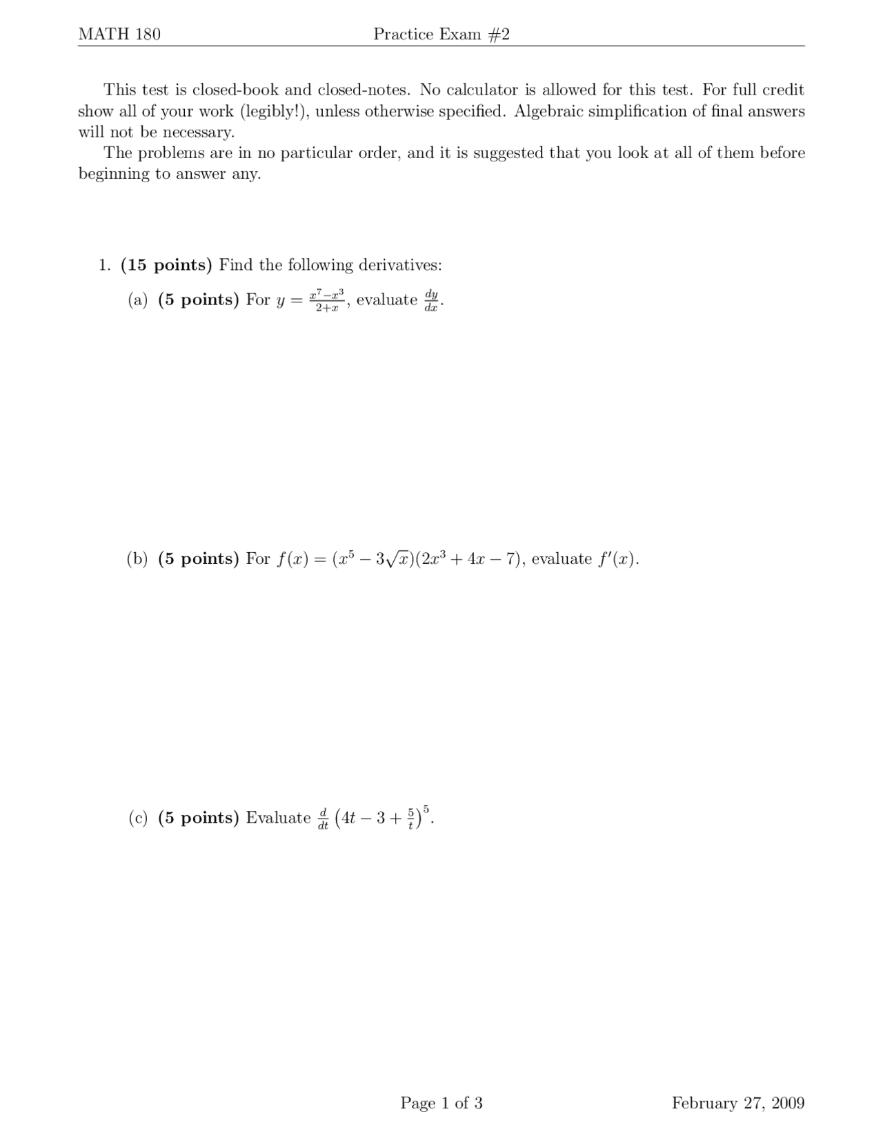Elements of Calculus: Practice Exam #2 | MATH 180 - Docsity
