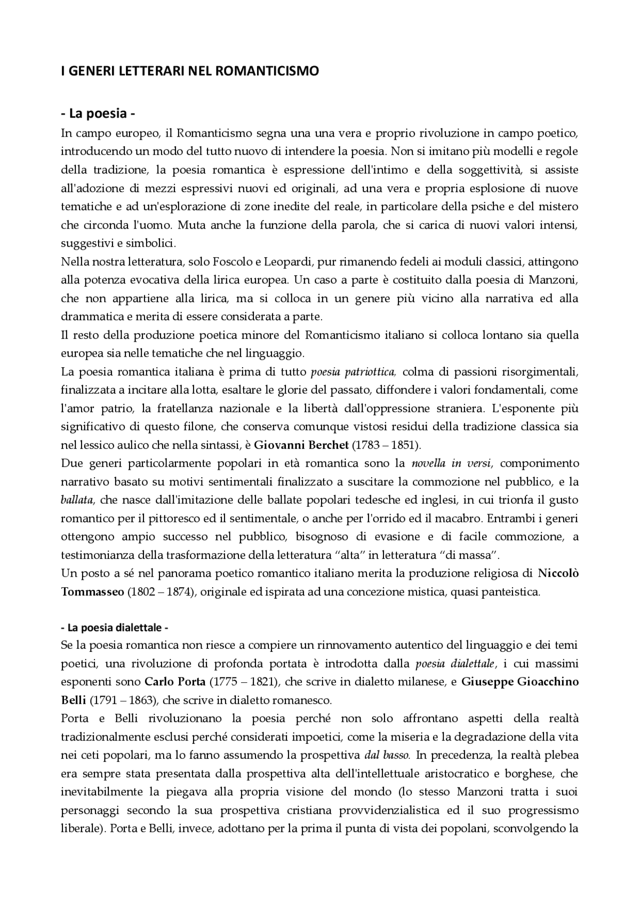 I generi letterari nel Romanticismo italiano - Docsity