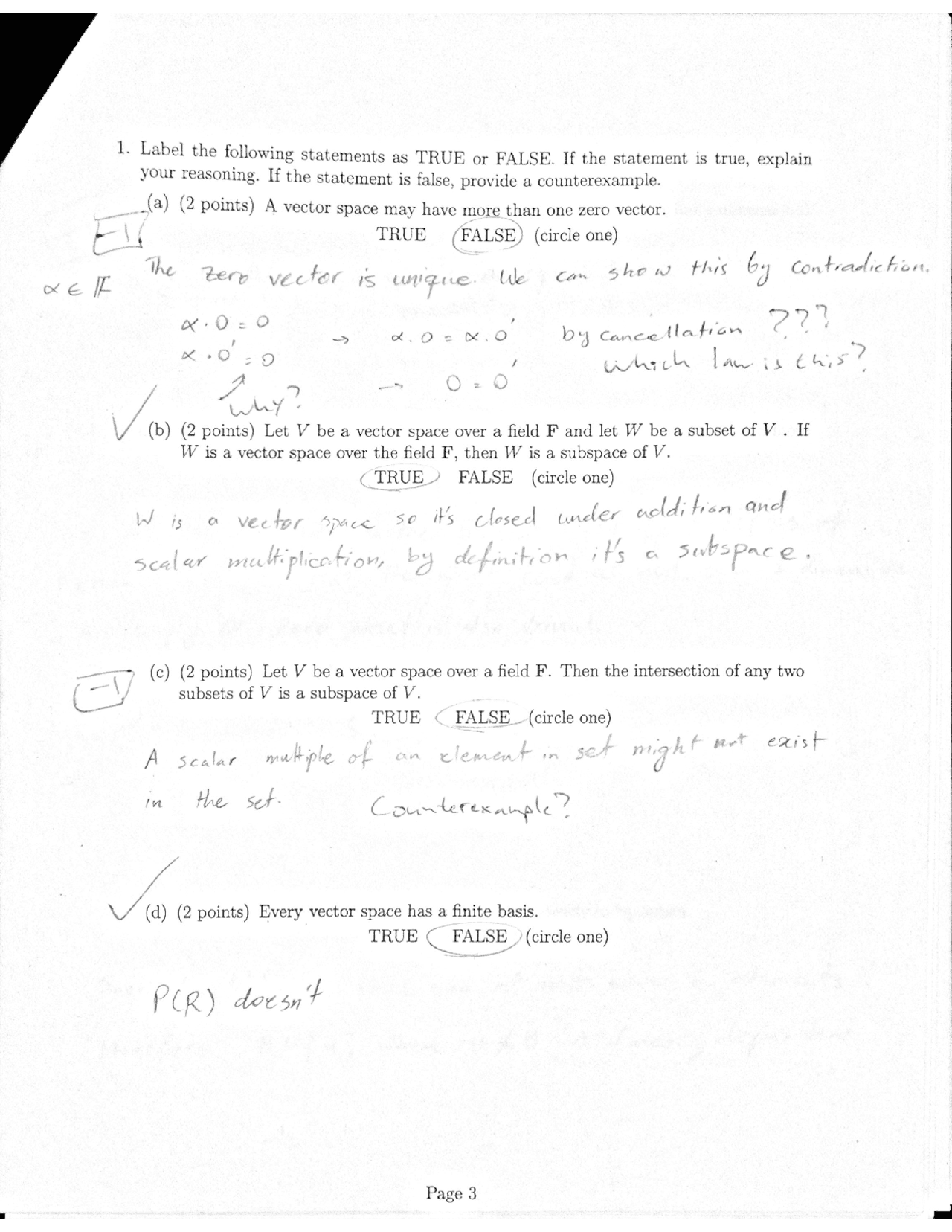 Linear Algebra Midterm Exam With Solutions Truefalse And Exercises
