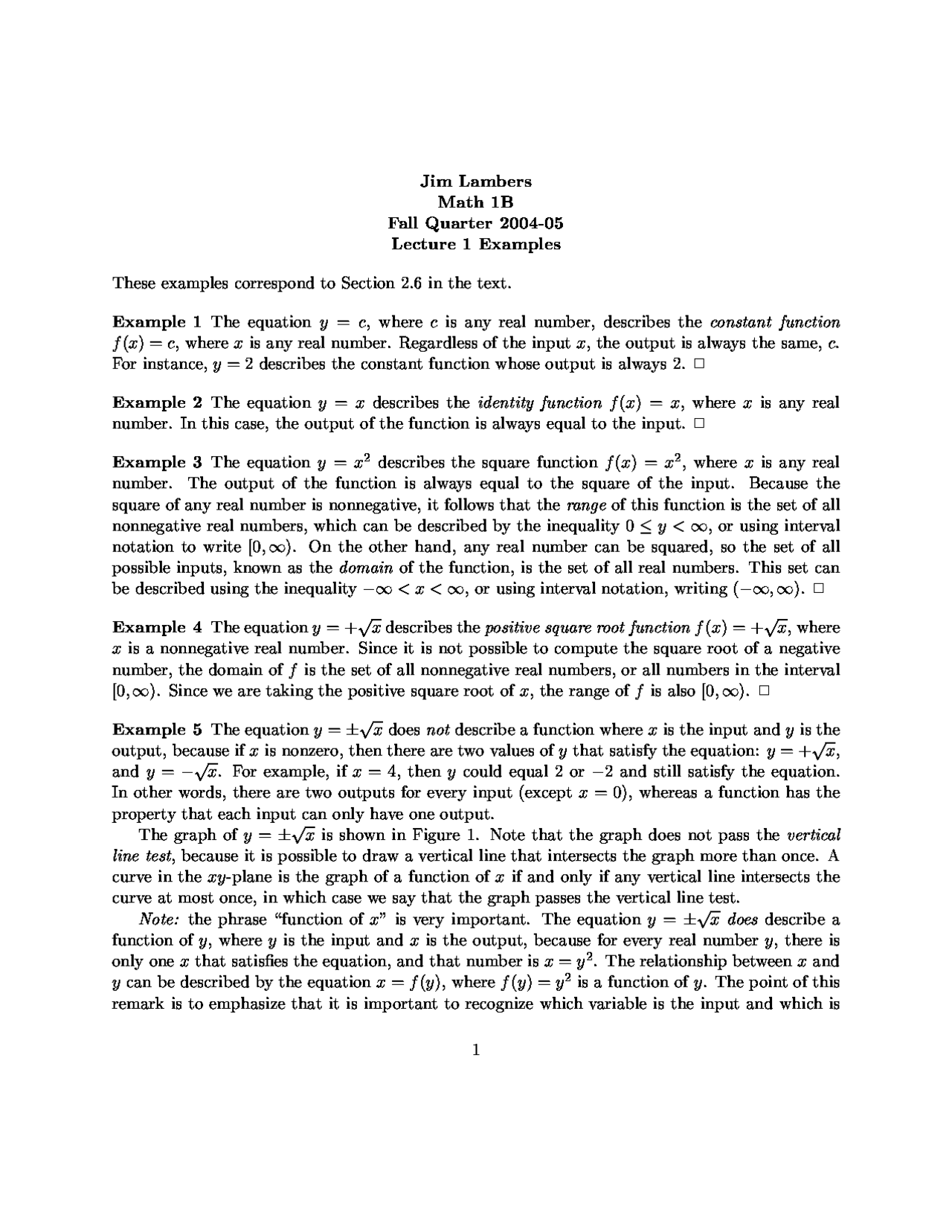 Mathematics Lecture 1 Examples Docsity