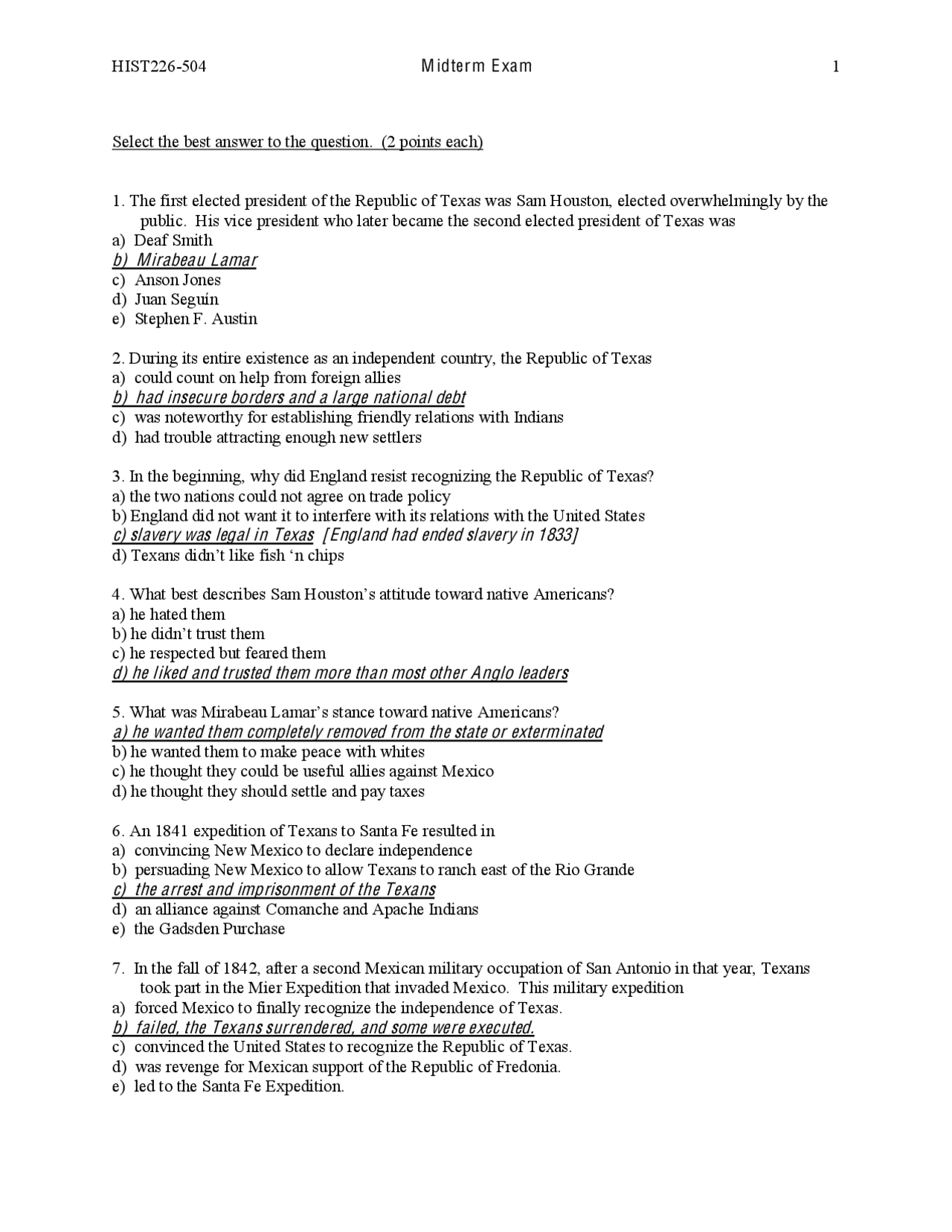 History of Texas Multi-Choice Midterm Exam with Answers | HIST 226 ...