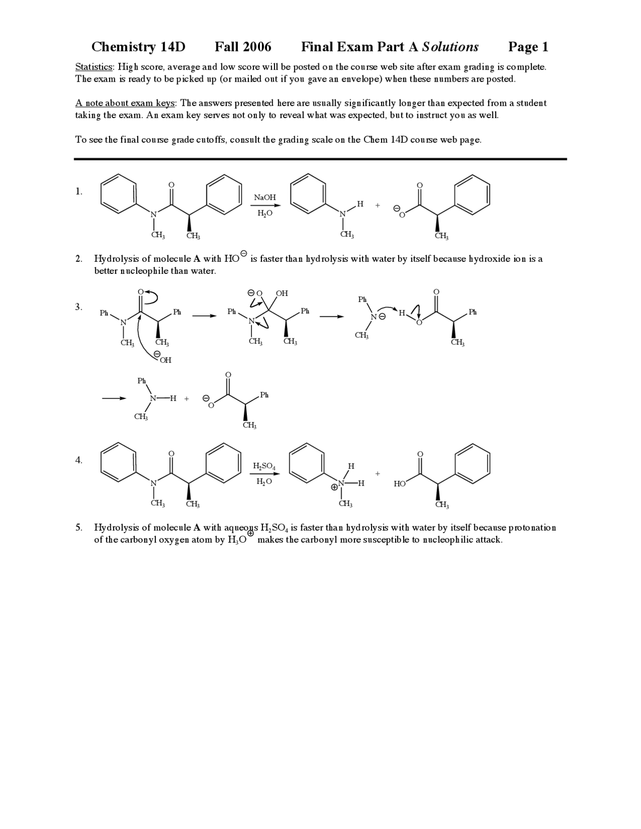 Organic Chemistry Final Exam Part A with Solutions | Fall 2006 | CHEM ...