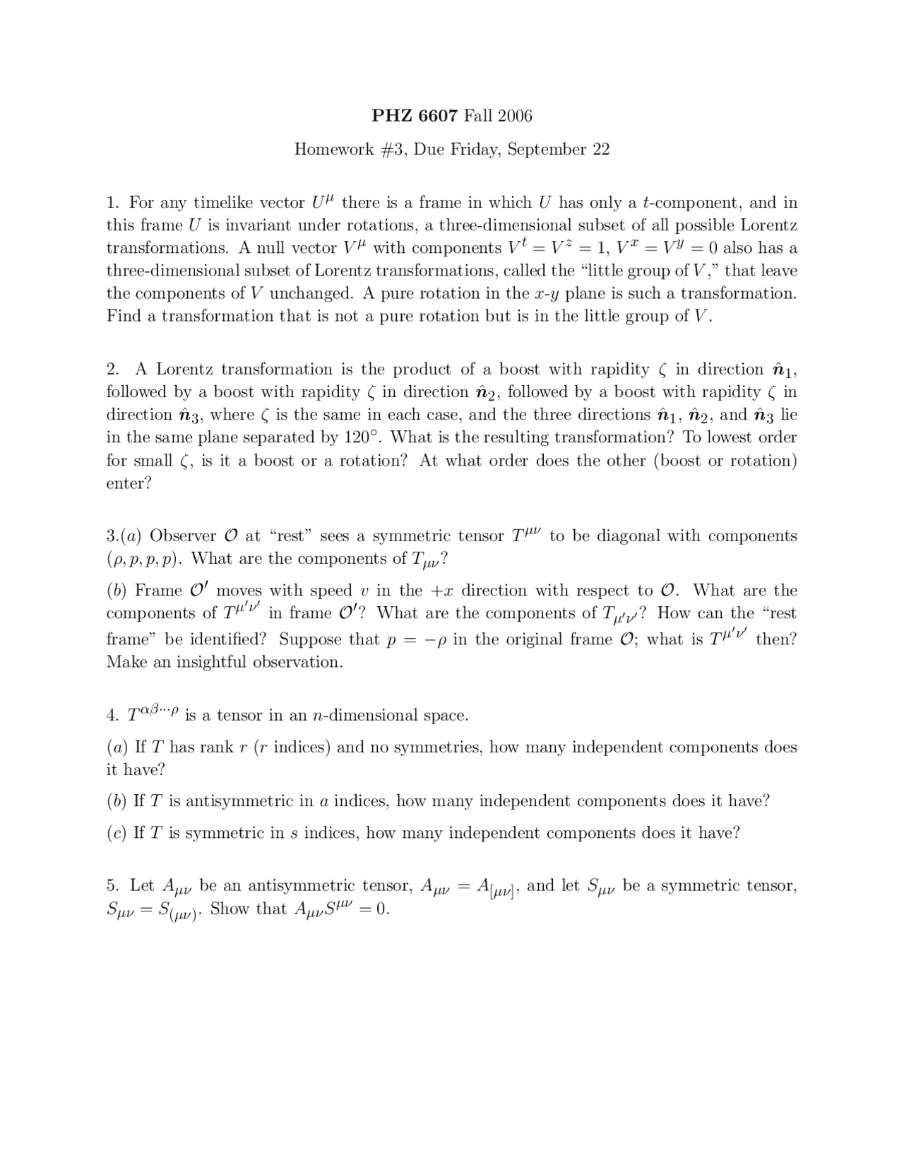 Physics: General relativity Homework #3 | PHZ 6607 - Docsity