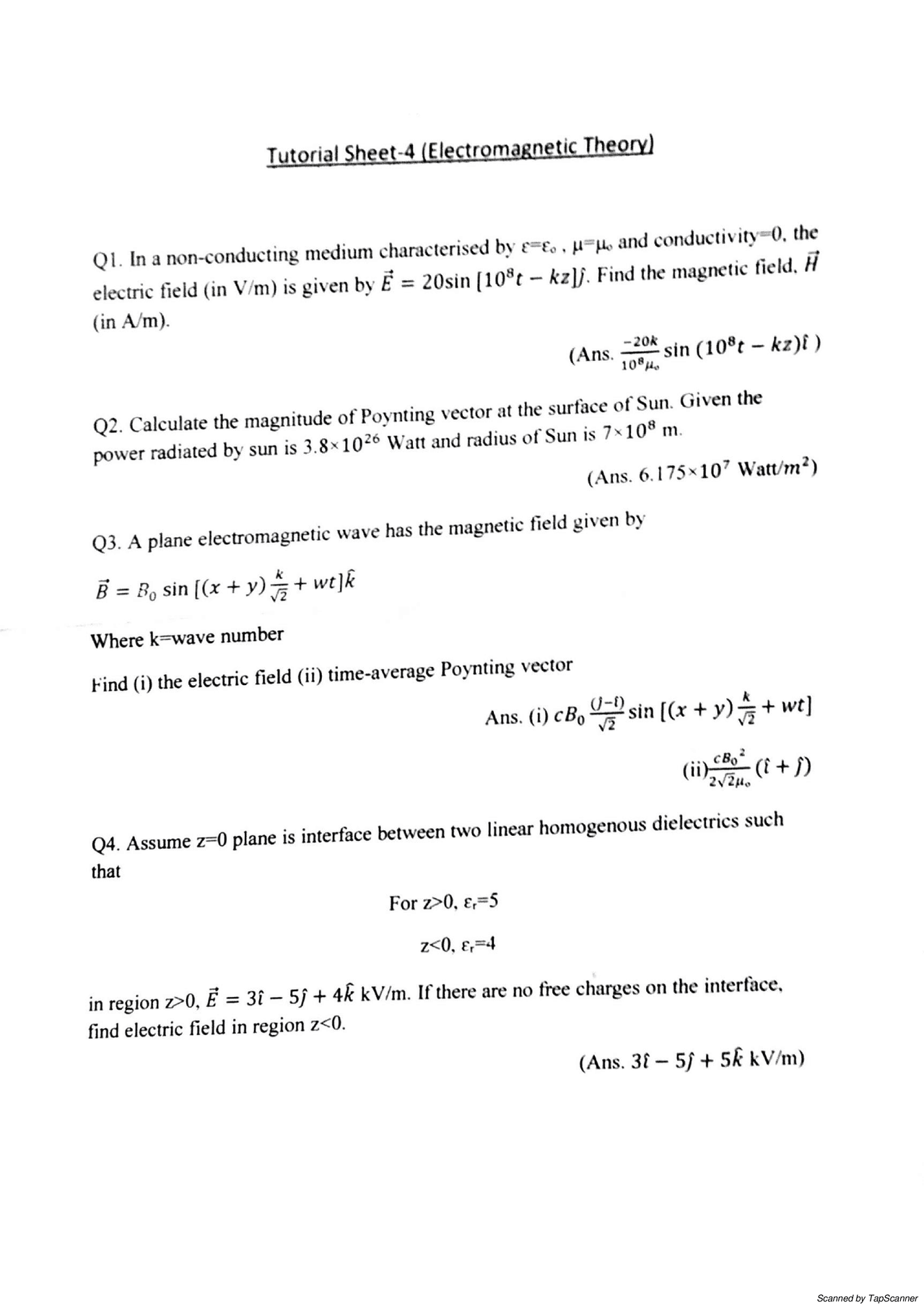 Electro Magnetic Theory Some Problems And Notes Docsity