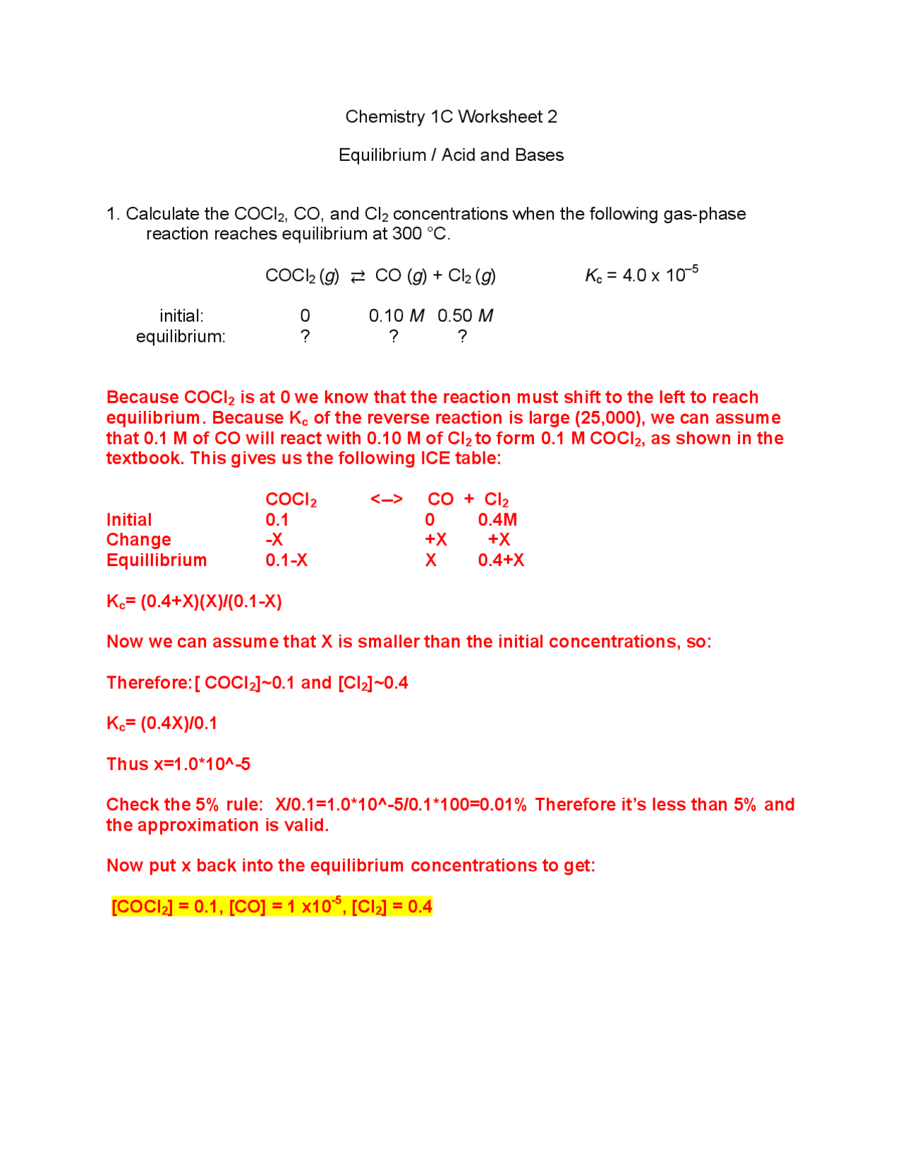 Worksheet 2 - Equilibrium, Acid and Bases (w/ key) | Chem 201 - Docsity