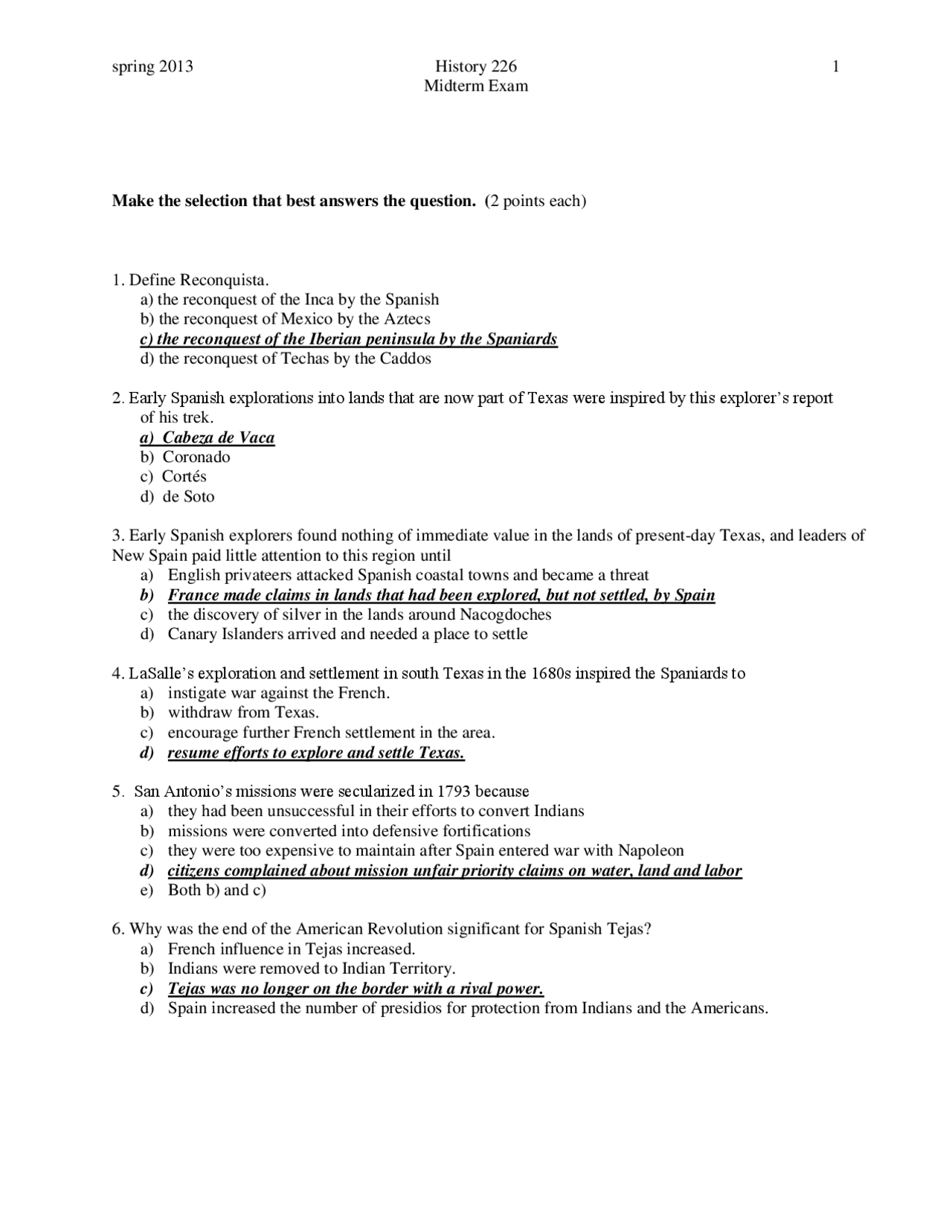 History of Texas Multi-Choice Midterm Exam with Solutions | HIST 226 ...