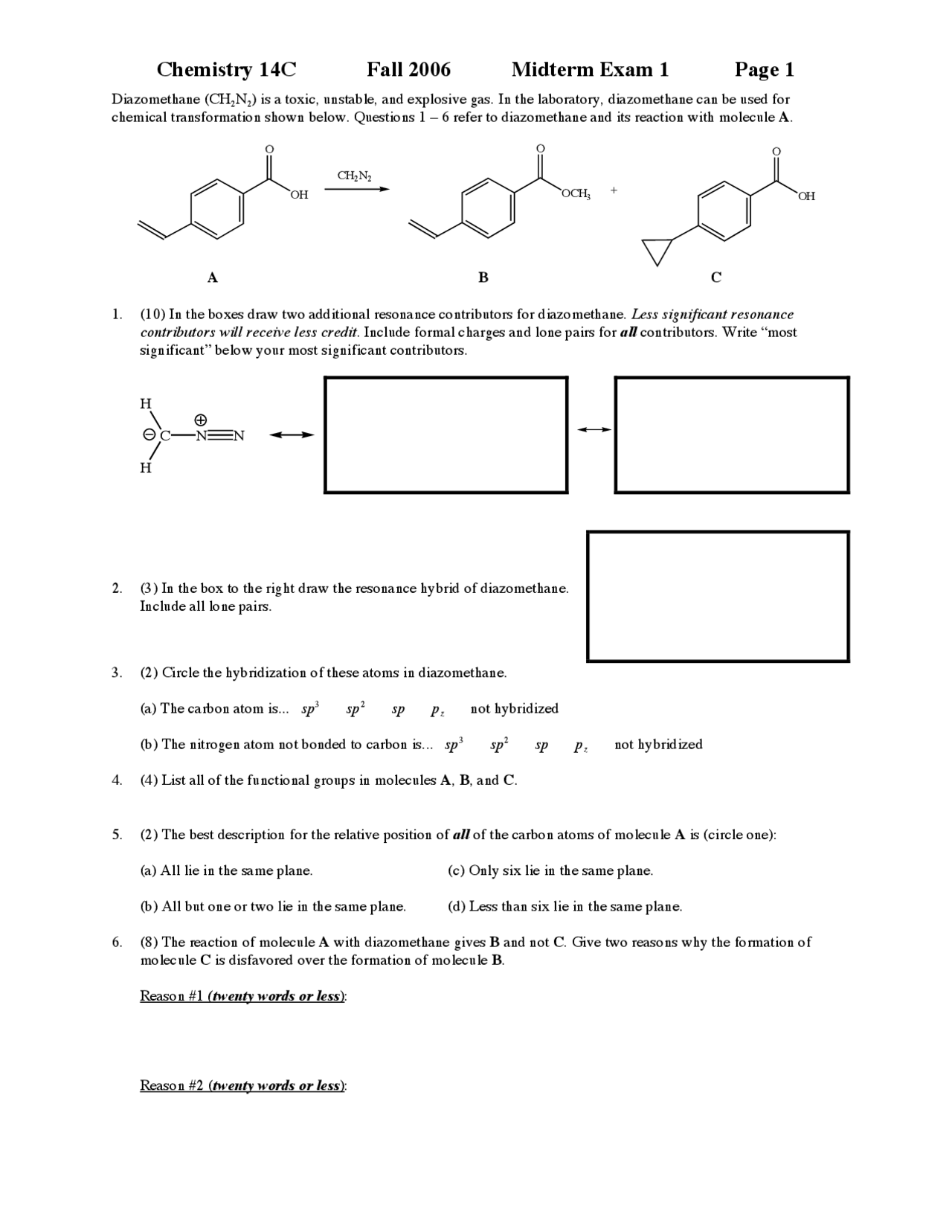 Midterm Exam 1 on Organic Chemistry: 22 Questions | CHEM 14C - Docsity