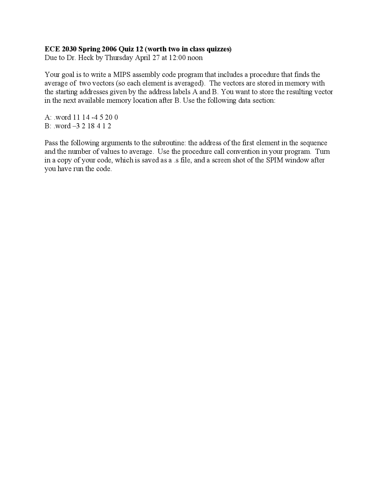 Introduction To Computer Engineering Quiz 12 Ece 2030 Docsity