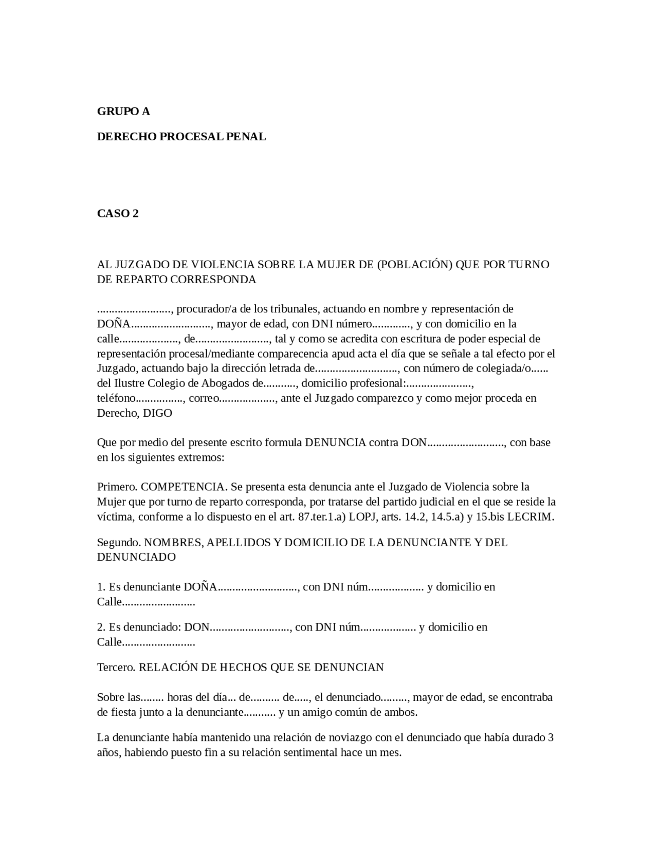 PrÁctica Procesal Penal Ejercicios De Derecho Procesal Docsity