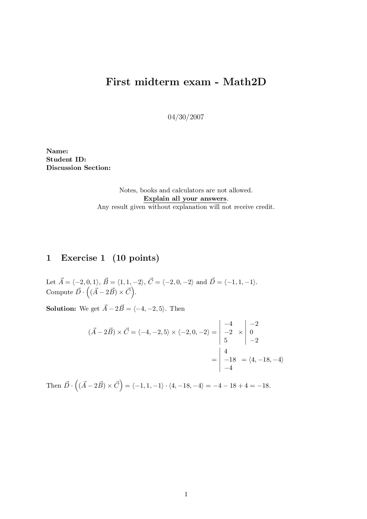 Mathematics First Midterm Exam Vectors And Dot Product Exams